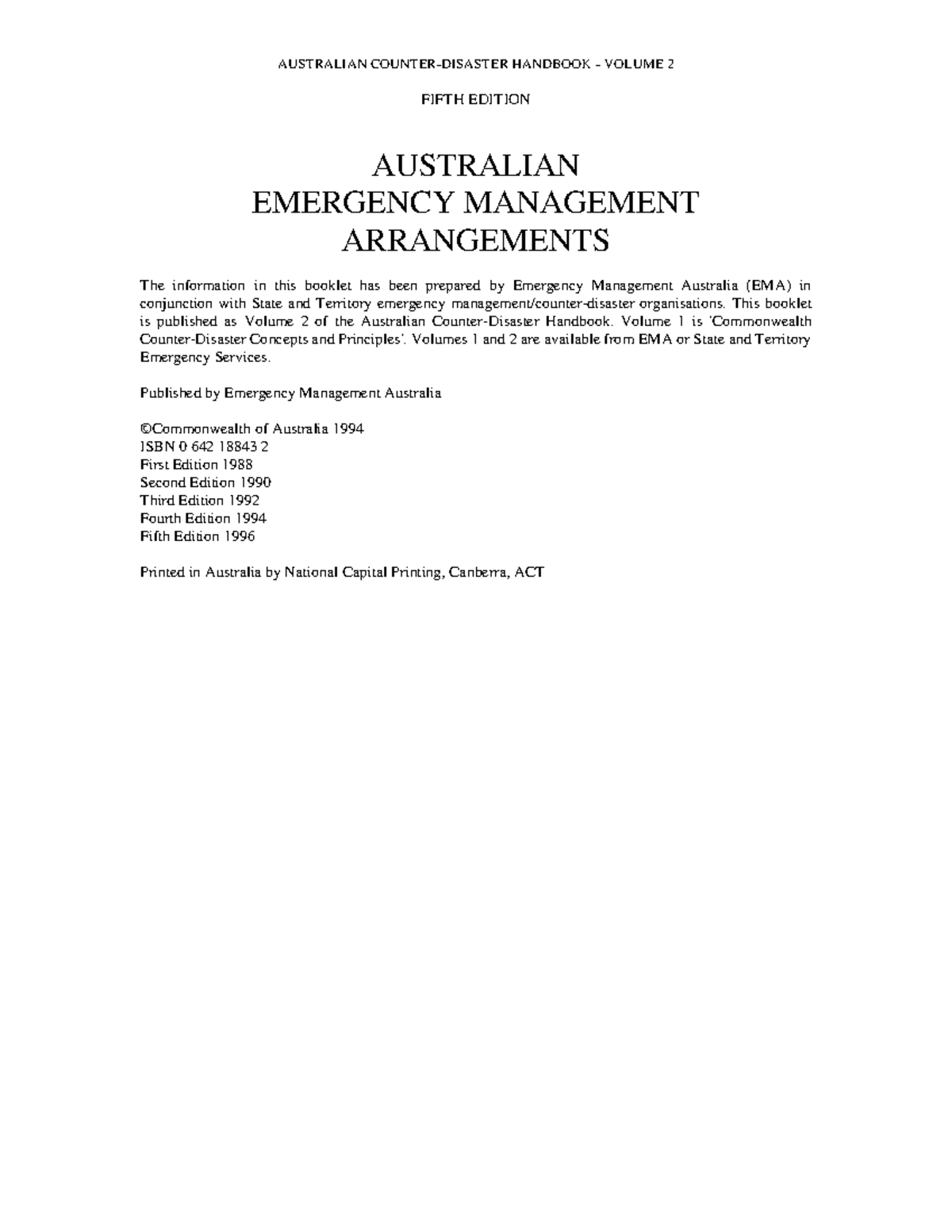 Australian EM Arrangements 1996 - AUSTRALIAN COUNTER-DISASTER HANDBOOK ...
