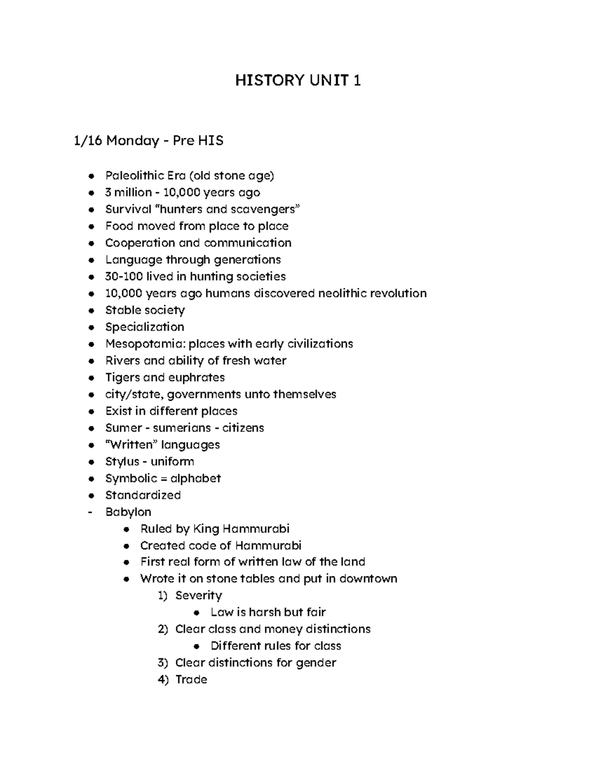 History U1 Review Notes - HISTORY UNIT 1 1/16 Monday - Pre HIS ...