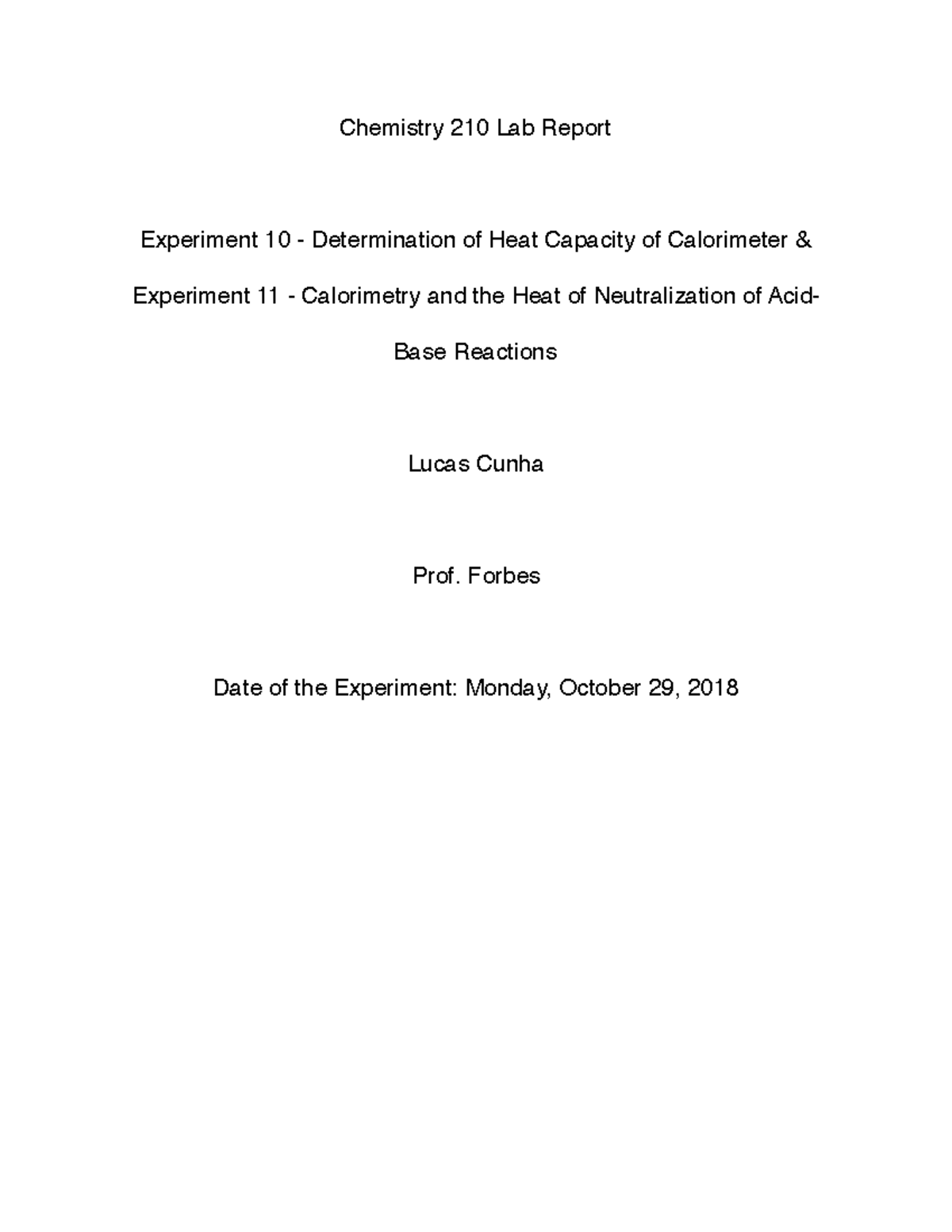 Thermochemistry lab report PDF - Chemistry 210 Lab Report Experiment 10 ...