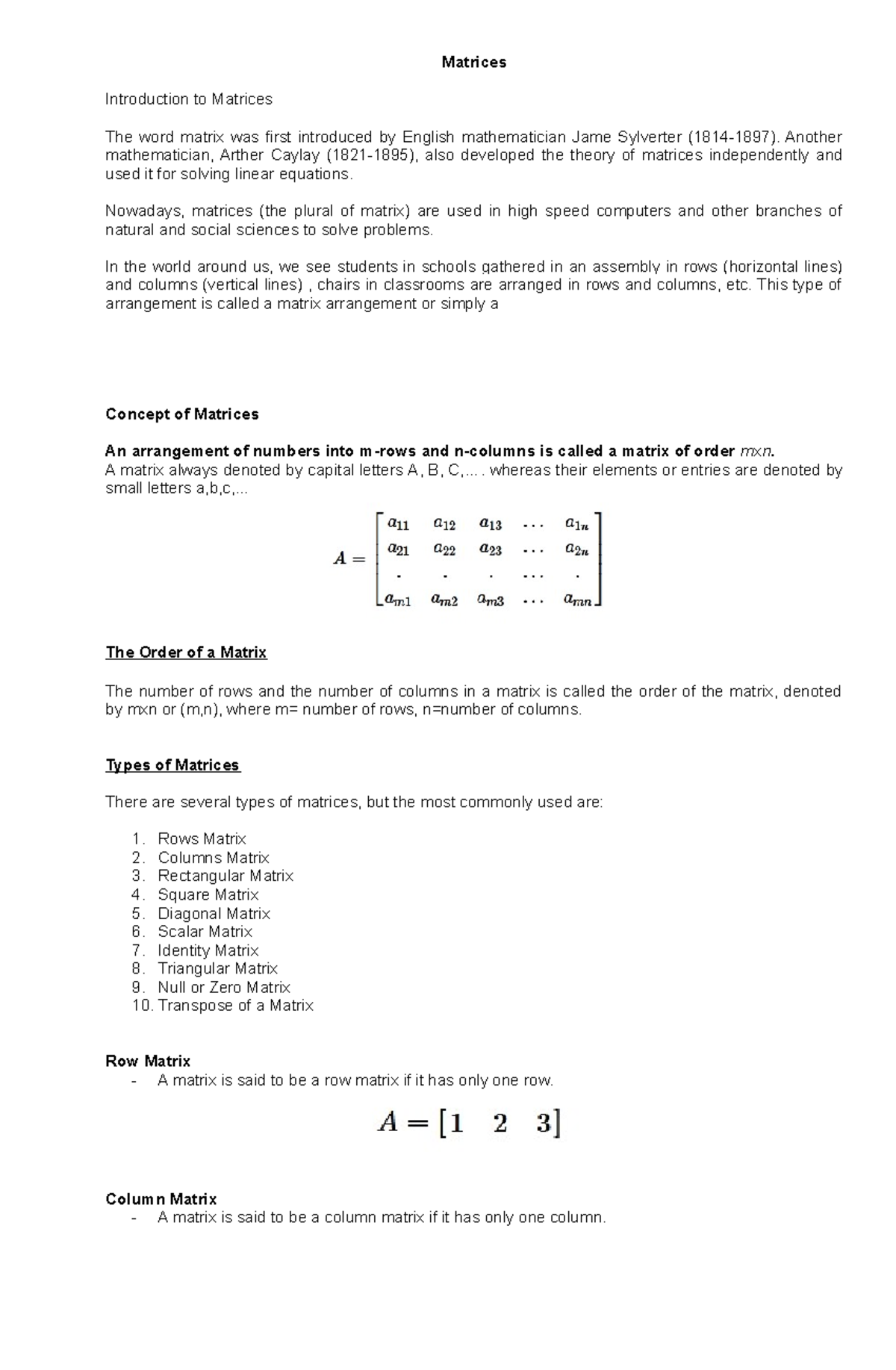 Matrices - Matrices Introduction to Matrices The word matrix was first ...