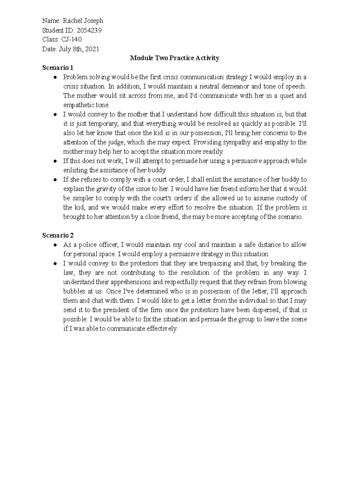 CJ-140 Module Two Practice Activity - Name: Rachel Joseph Student ID ...