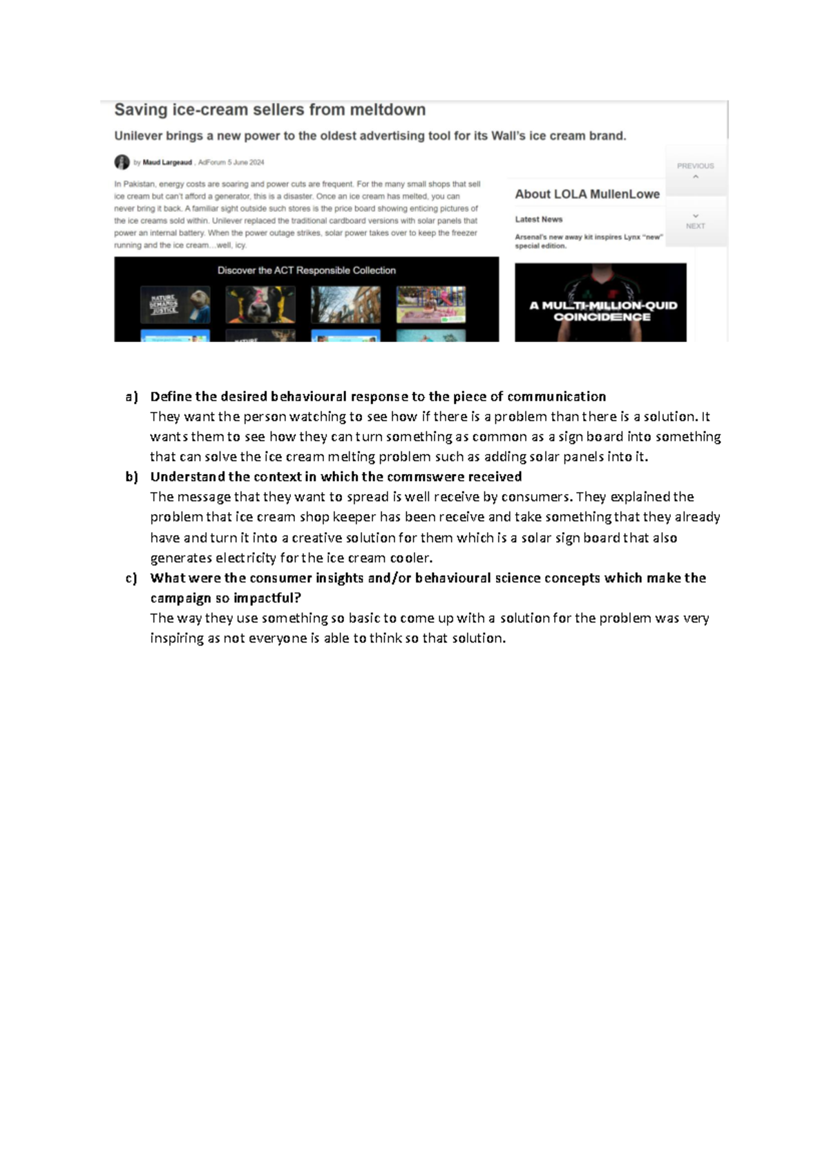 Ice cream case study - a) Define the desired behavioural response to the piece of communication ...