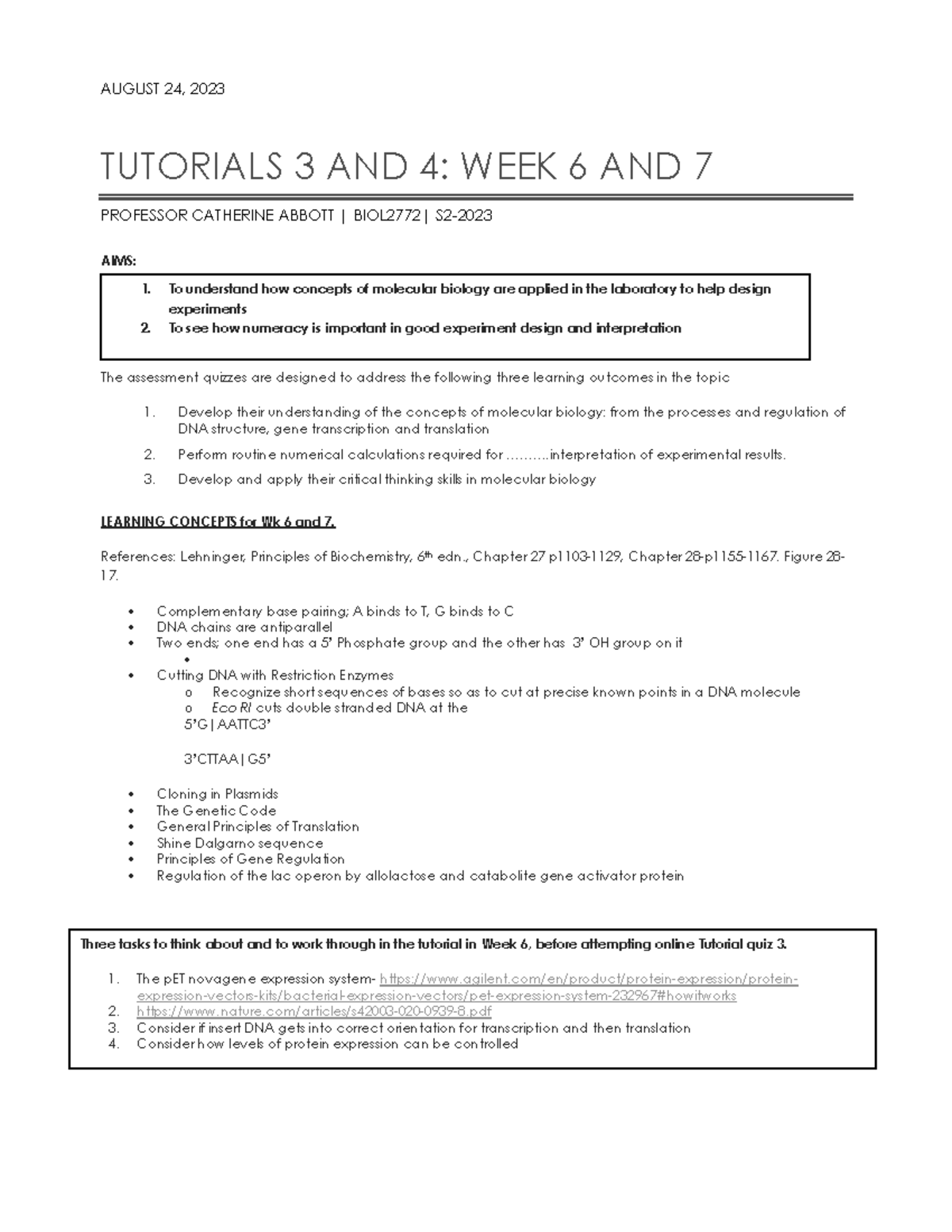 BIOL2772 Tutorial 67 Student Info Week6 2023 - AUGUST 24, 2023 ...