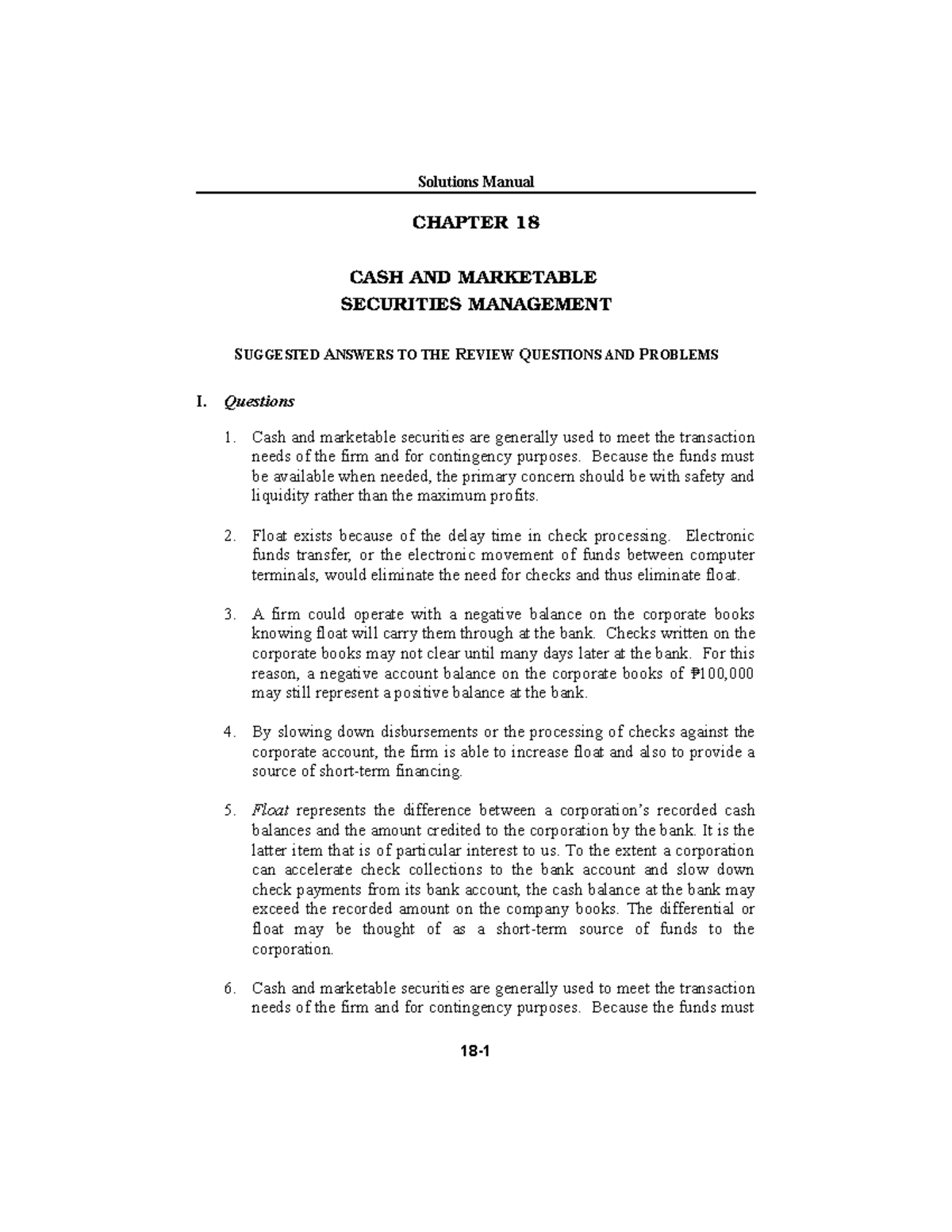 255538984 Chapter 18 Answer - Solutions Manual CHAPTER 18 CASH AND MARKETABLE SECURITIES ...