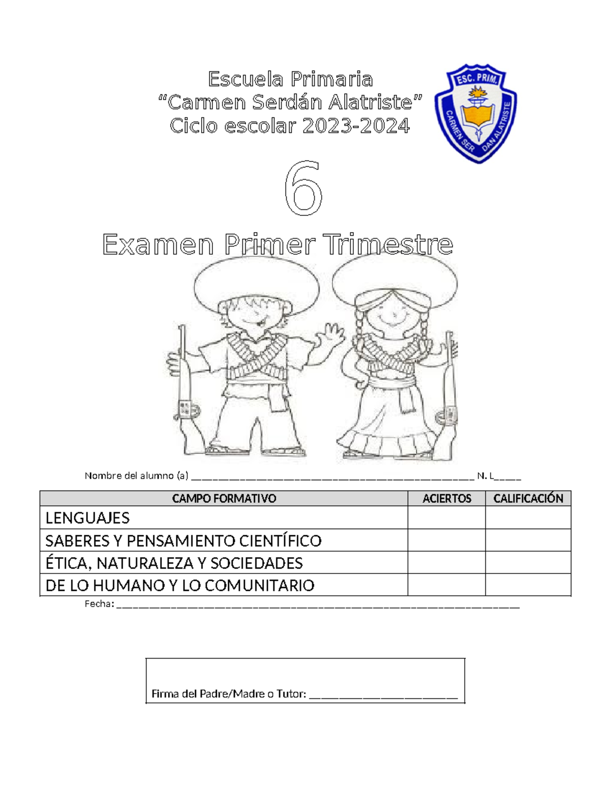 Examen Primer Trimestre Sexto Grado 2023 2024 - ####### Nombre del alumno (a) - Studocu