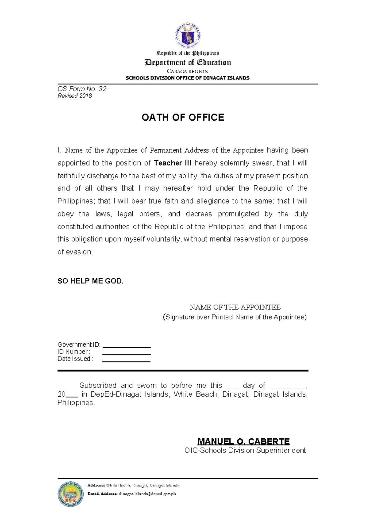 (TIII ELEM) CS Form No. 32 Oath of Office - CS Form No. 32 Revised 2018 ...