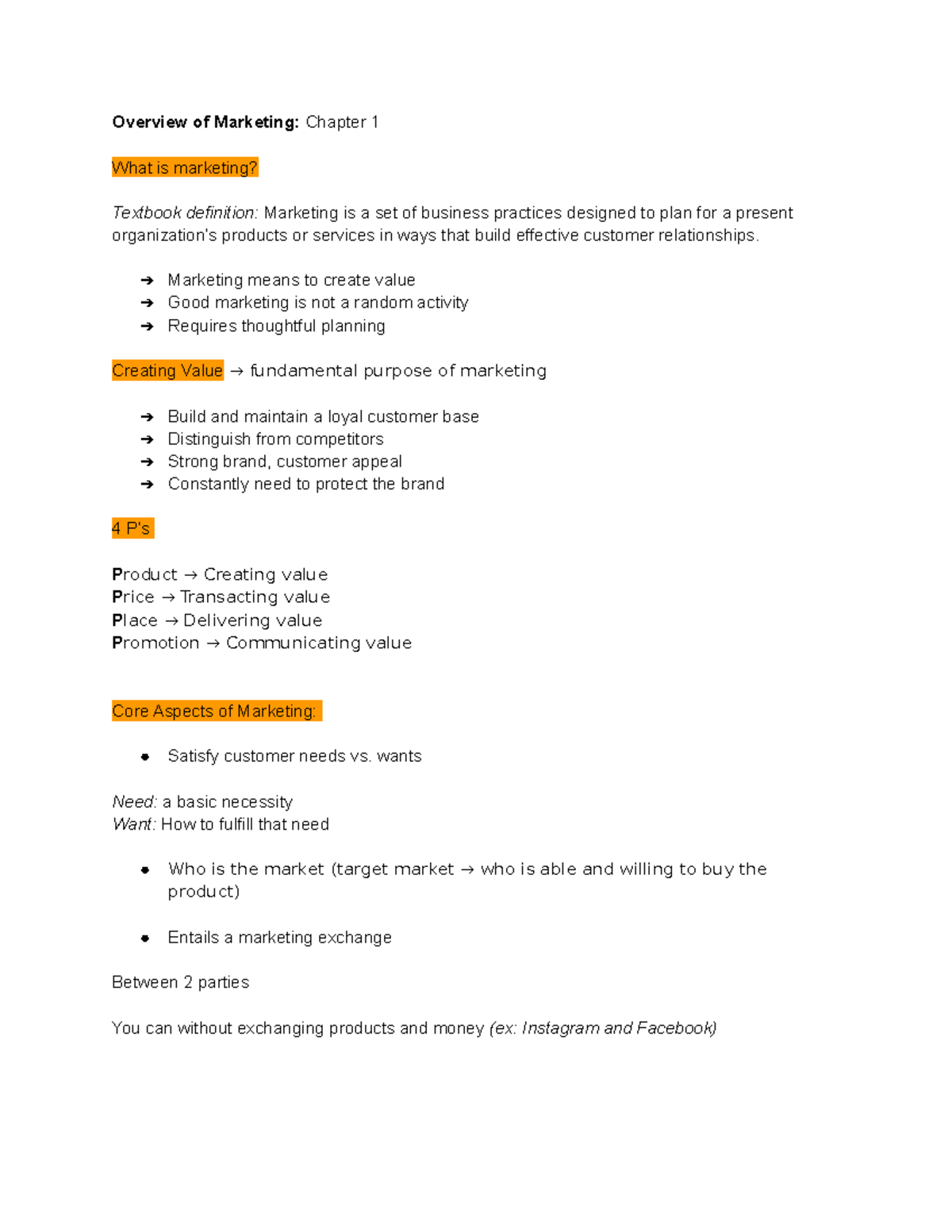 Lecture Notes - Overview of Marketing: Chapter 1 What is marketing ...