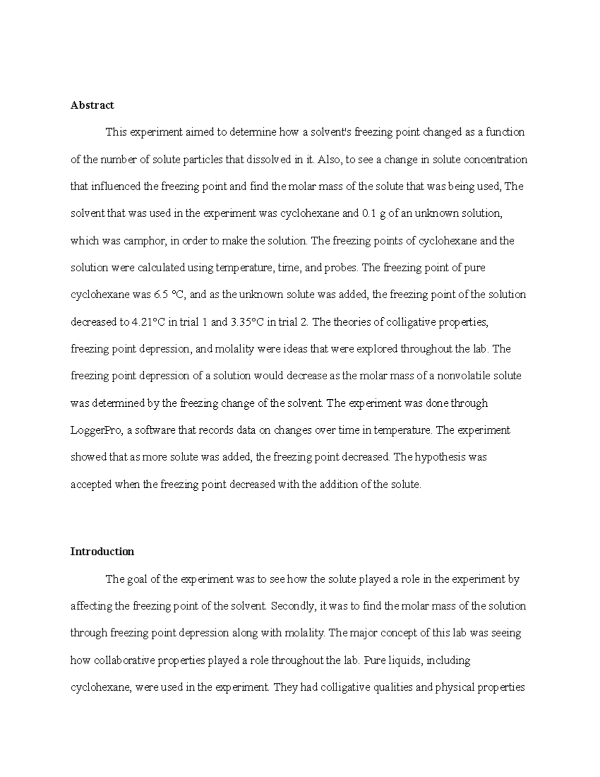 Molar Mass of a Solid chem lab - Abstract This experiment aimed to ...