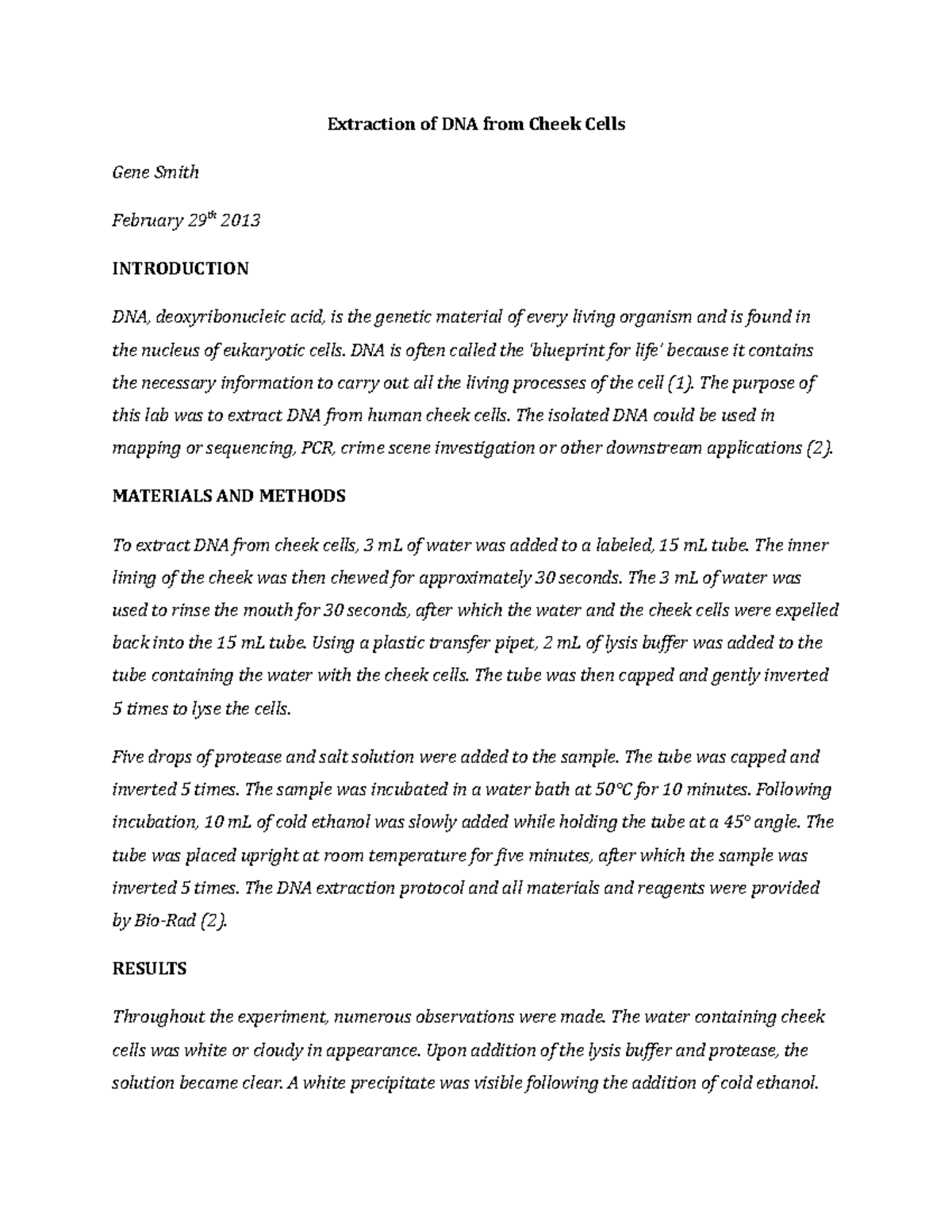 Sample lab report- DNA extraction from cheek cells - Extraction of DNA ...