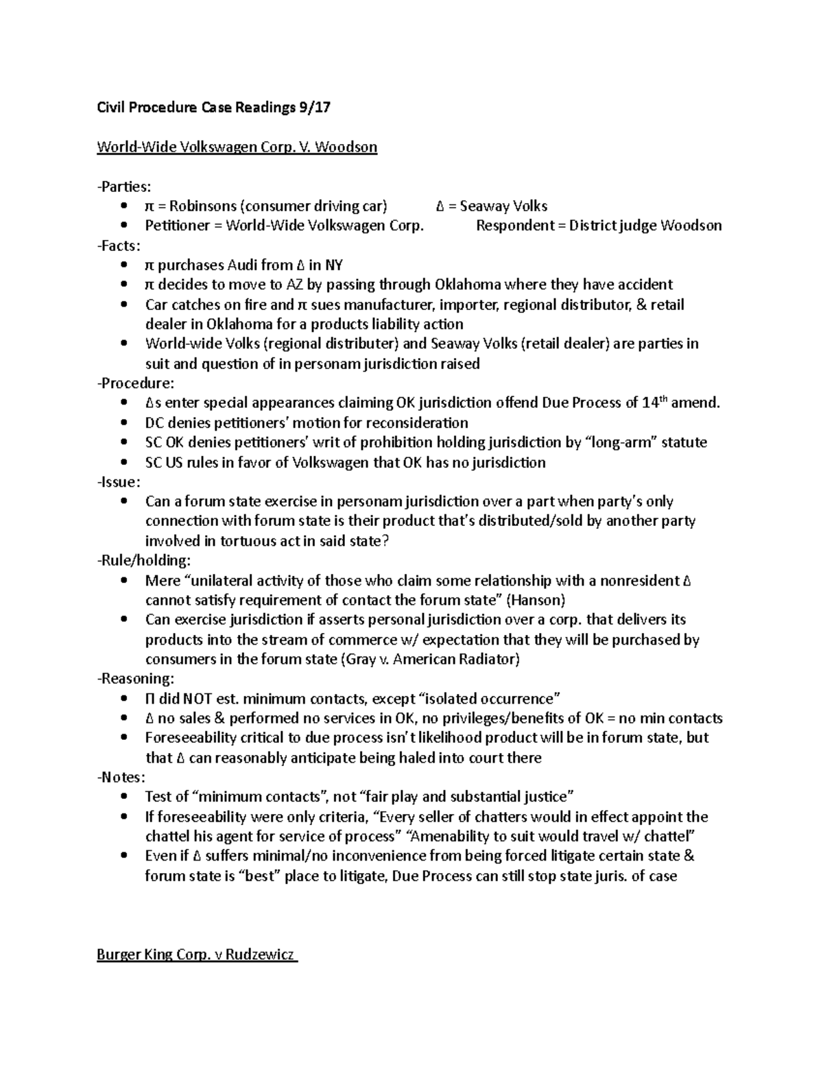 Civil Procedure Case Readings 9:17 - V. Woodson -Parties: π = Robinsons (consumer driving car) ∆ ...