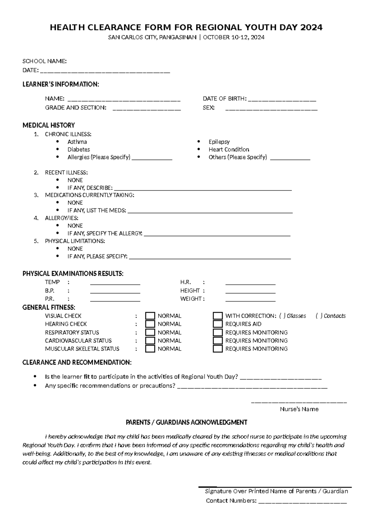 Medical Fitness Certificate - HEALTH CLEARANCE FORM FOR REGIONAL YOUTH ...