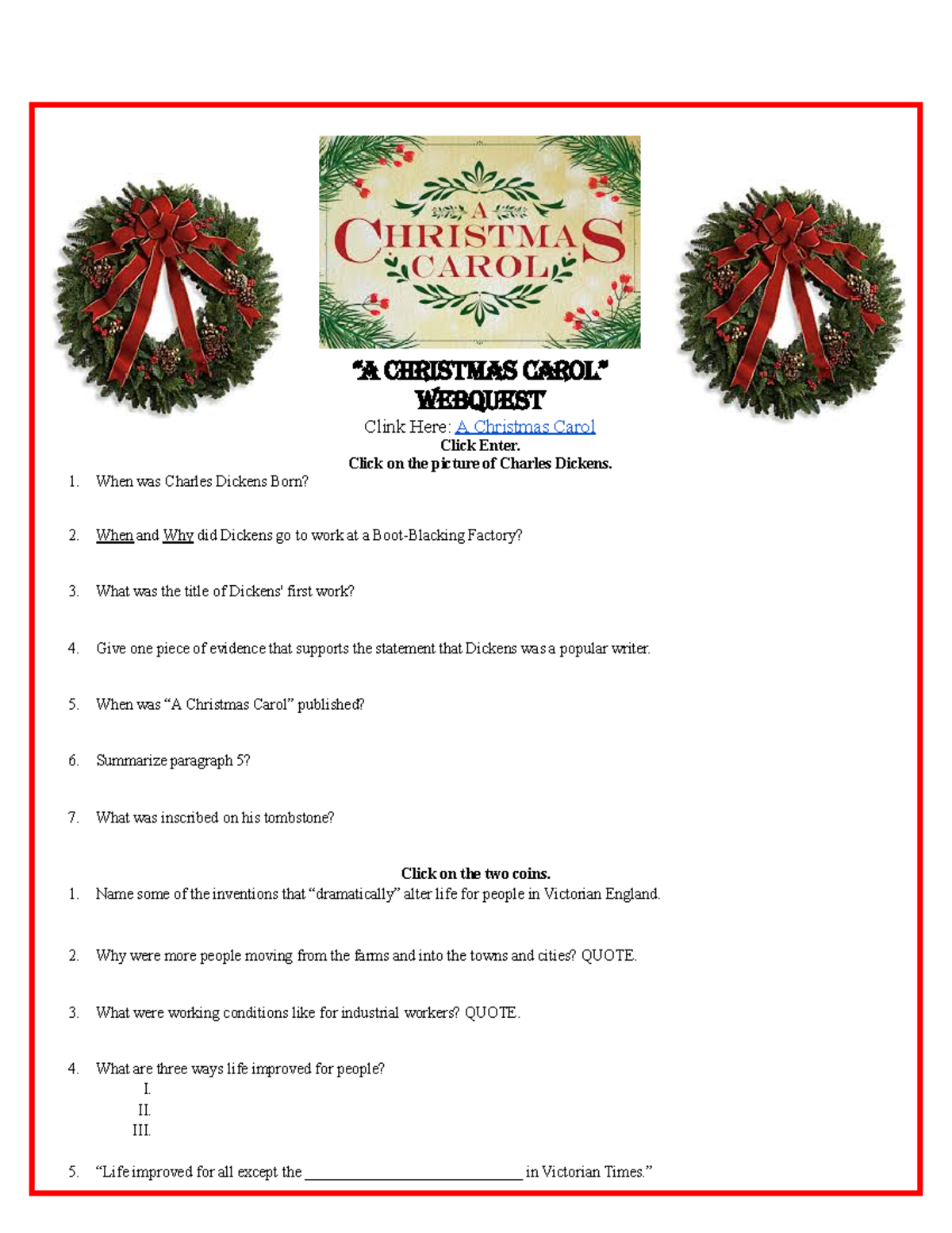 A Christmas Carol Webquest TPT 1 - “A Christmas Carol” WEBQUEST Clink ...