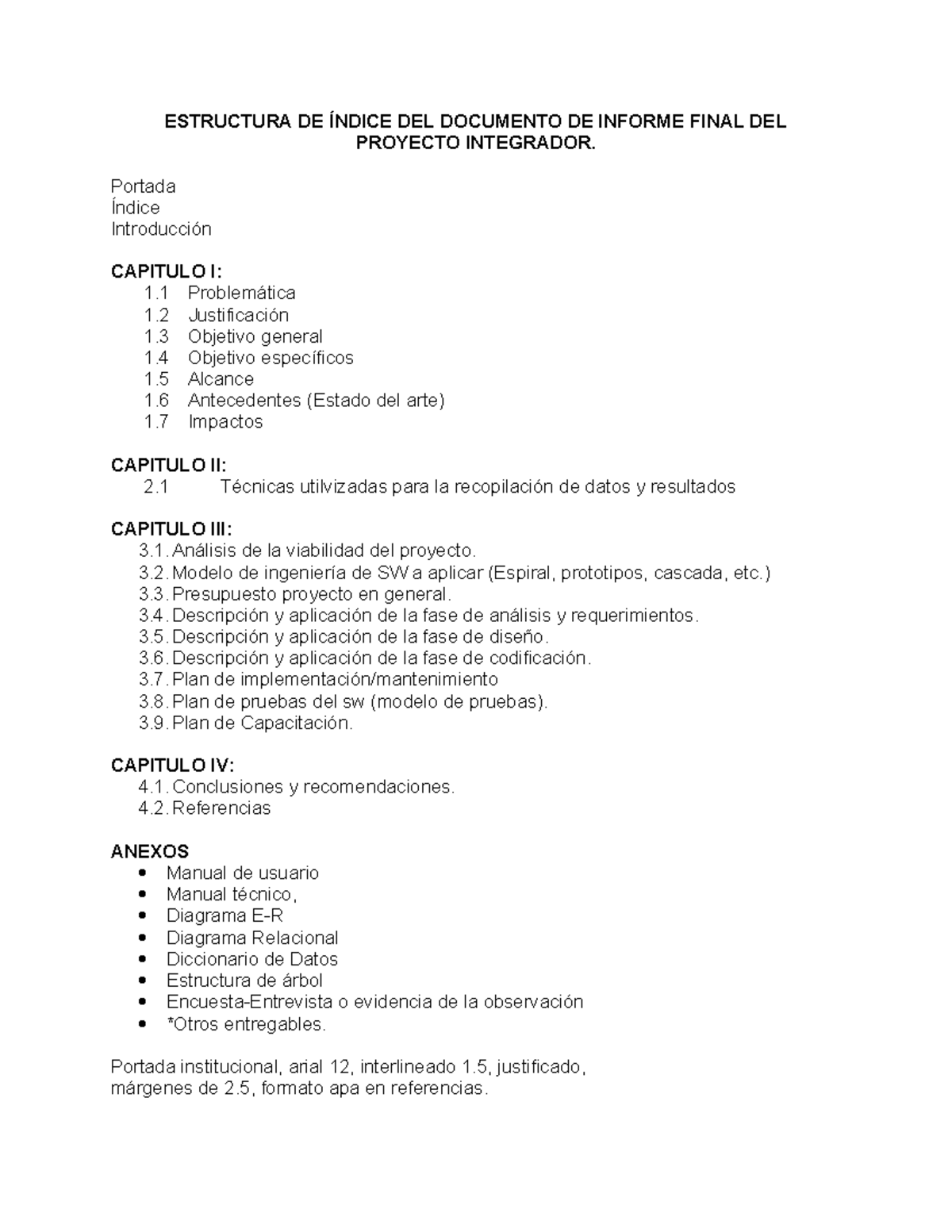 Estructura DE Índice Proyecto Integrador - ESTRUCTURA DE ÍNDICE DEL ...