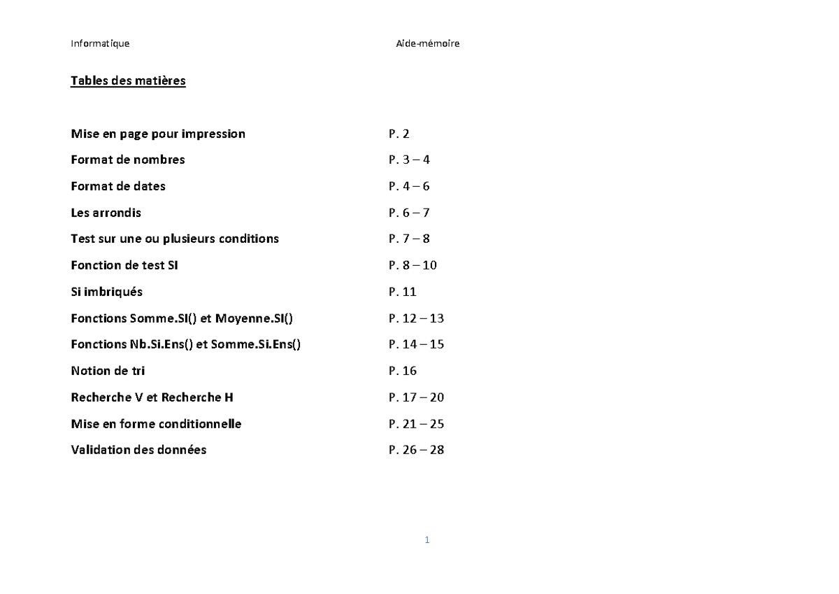 Aide mémoire Excel - Informatique - HEG Arc - Studocu
