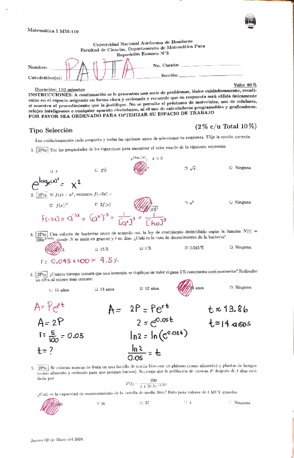 MM110-Reposición Examen 3-1PAC2024 - Matemática IMM- Nombre: Catedrático (a): ATA Duración: 110 ...