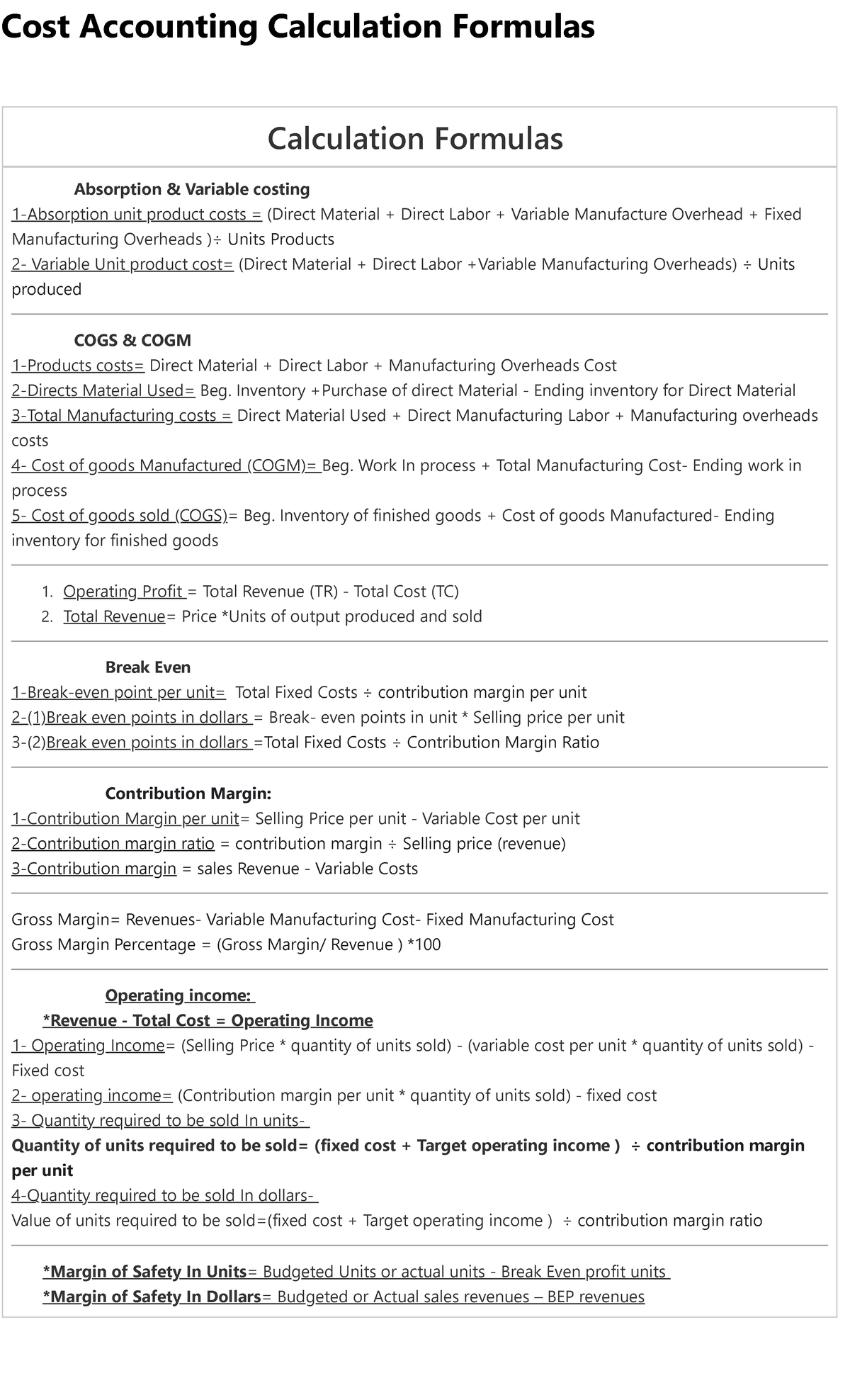 Cost Accounting Calculation Formulas - Cost Accounting Calculation ...