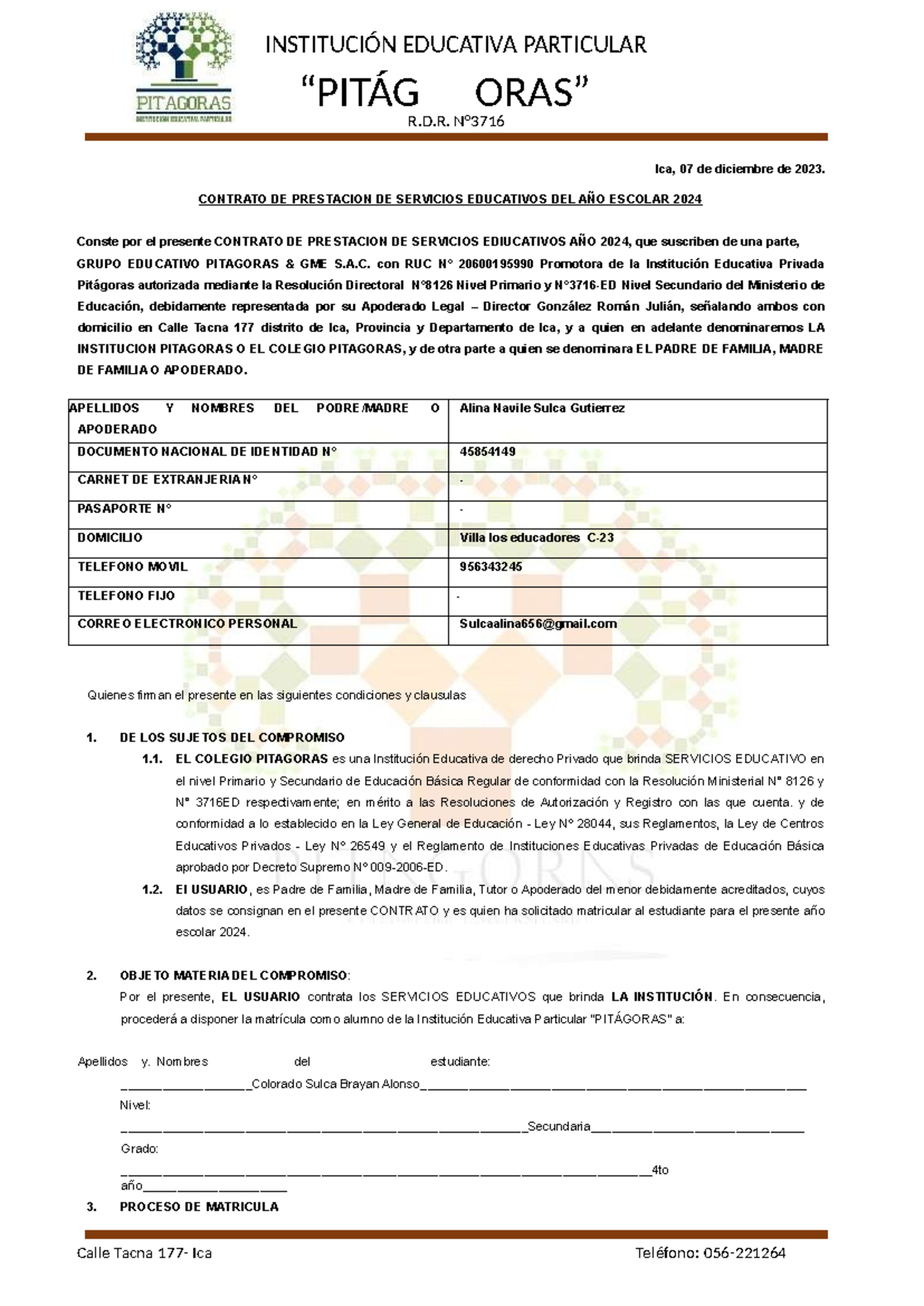 Contrato DE Prestacion DE Servicios Educativos DEL AÑO Escolar ...