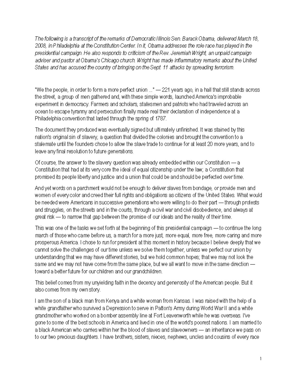 A More Perfect Union, Barack Obama - The following is a transcript of ...