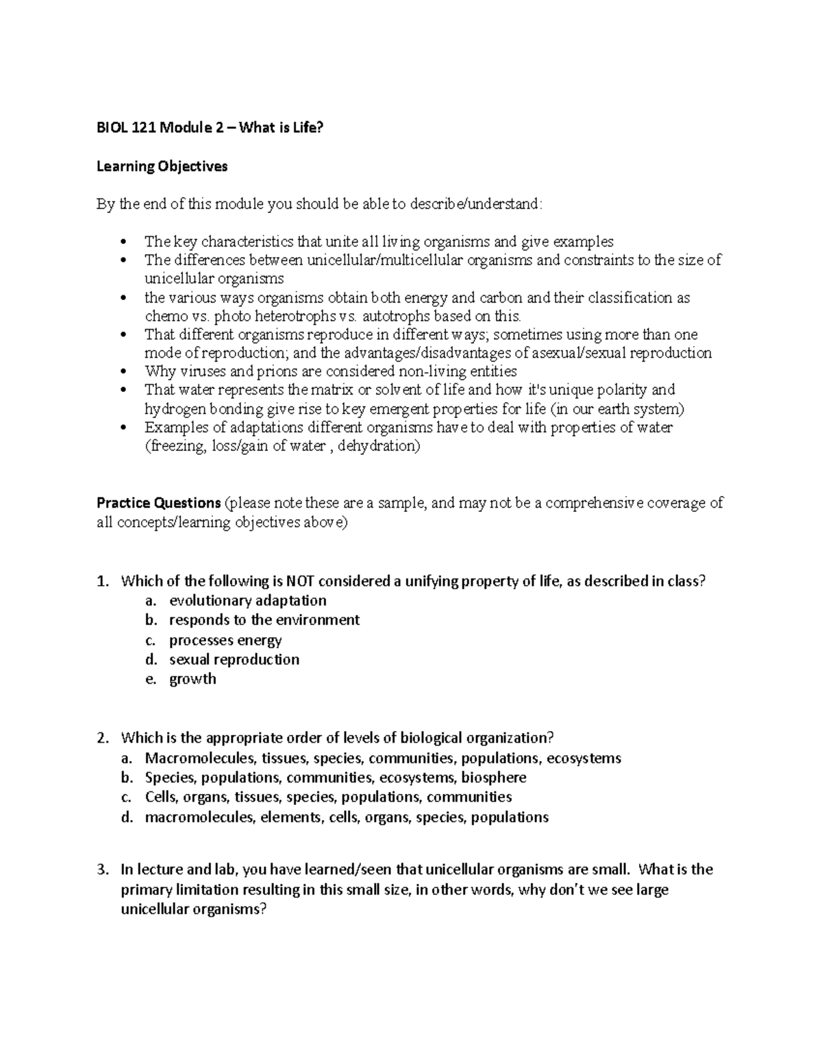 BIOL 121 Module 2 Practice Questions - Biol 121 - U of S - Studocu
