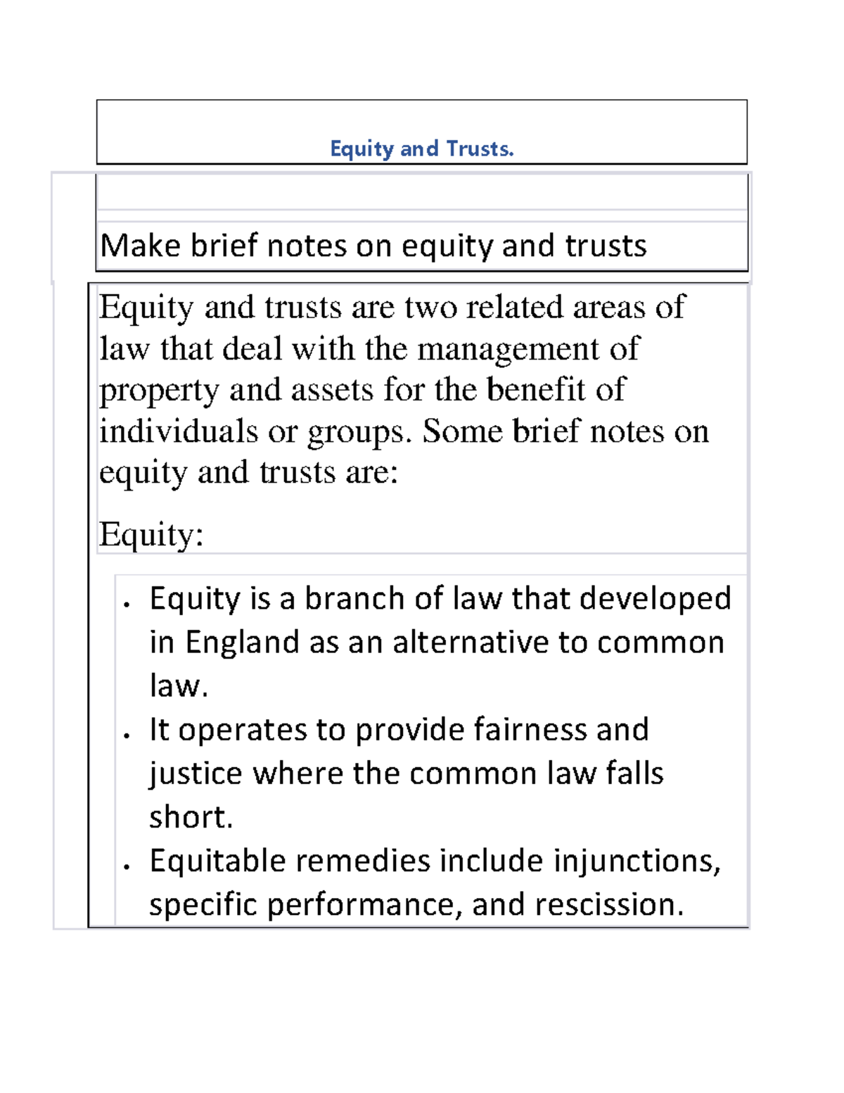 Equity 1-3 - Equations full notes - Equity and Trusts. Make brief notes ...