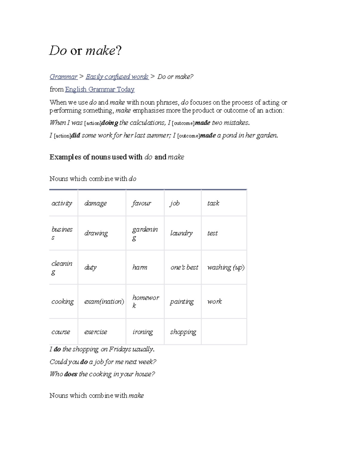 Do and make - diferencias - Do or make? Grammar > Easily confused words ...