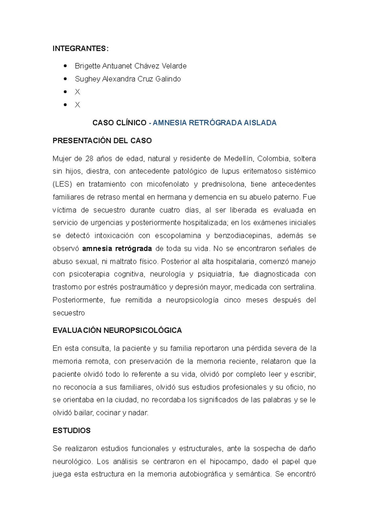 CASO Clínico- Amnesia Retrógrada Aislada - INTEGRANTES: Brigette ...