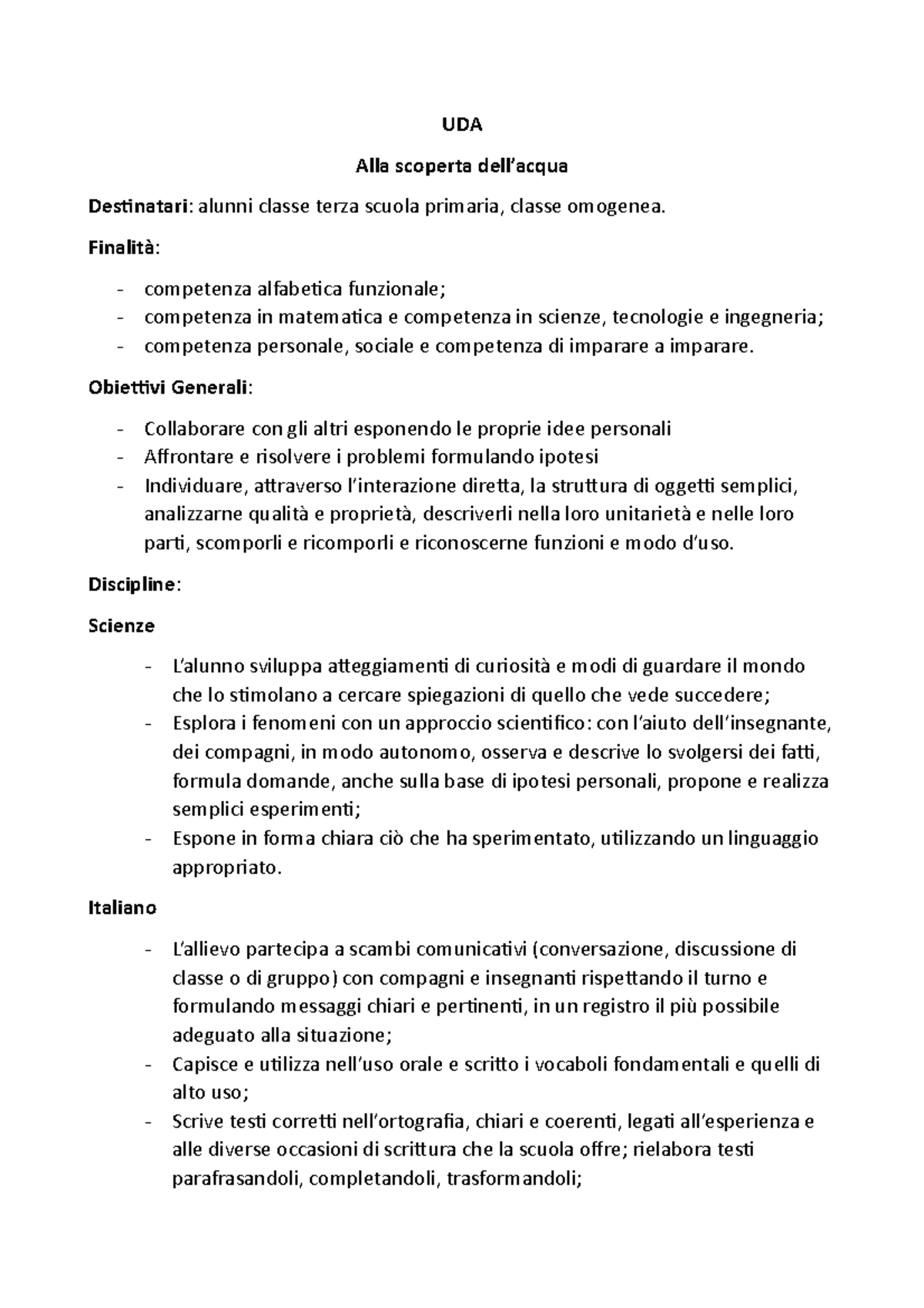 Uda "Alla Scoperta DELL' Acqua" - Scienze - UDA Alla scoperta dell ...