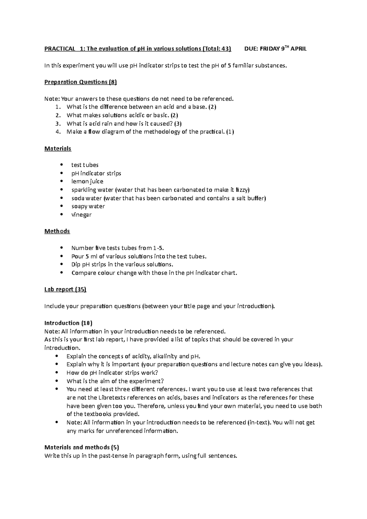 Practical 1 - PRACTICAL 1 : The evaluation of pH in various solutions ...