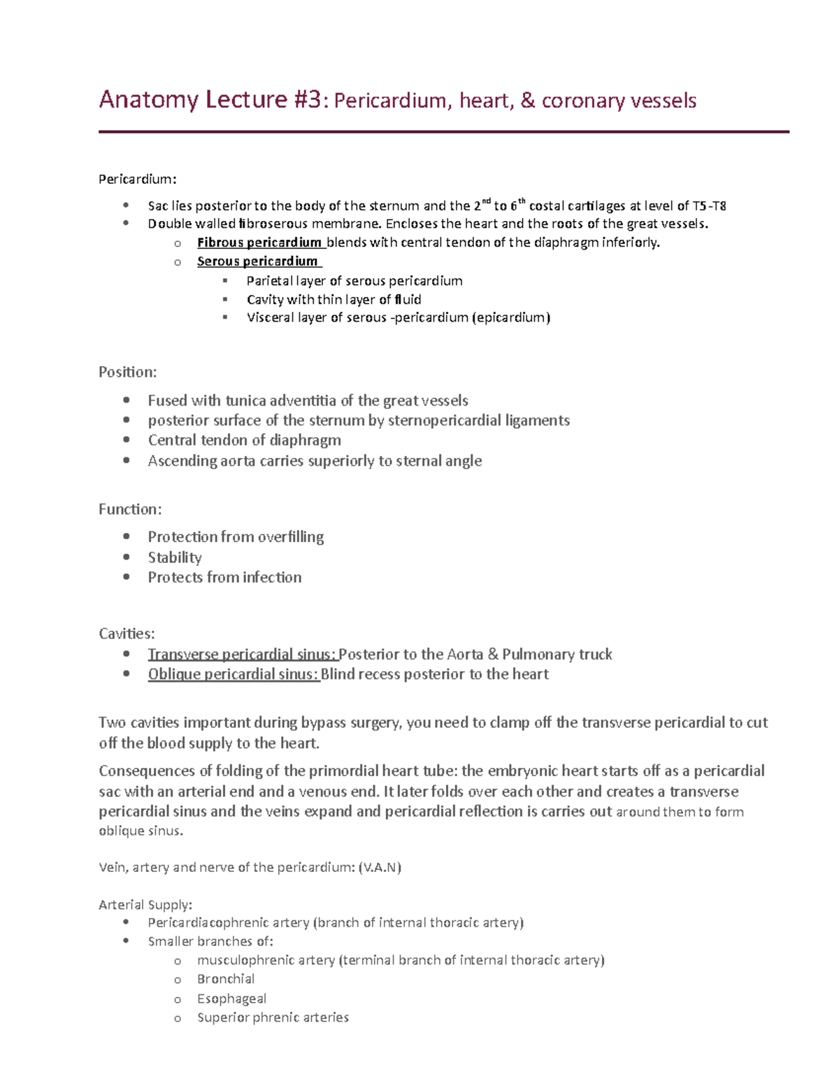 Anatomy Heart - Lecture notes Lecture 4 - Anatomy Lecture #3 ...