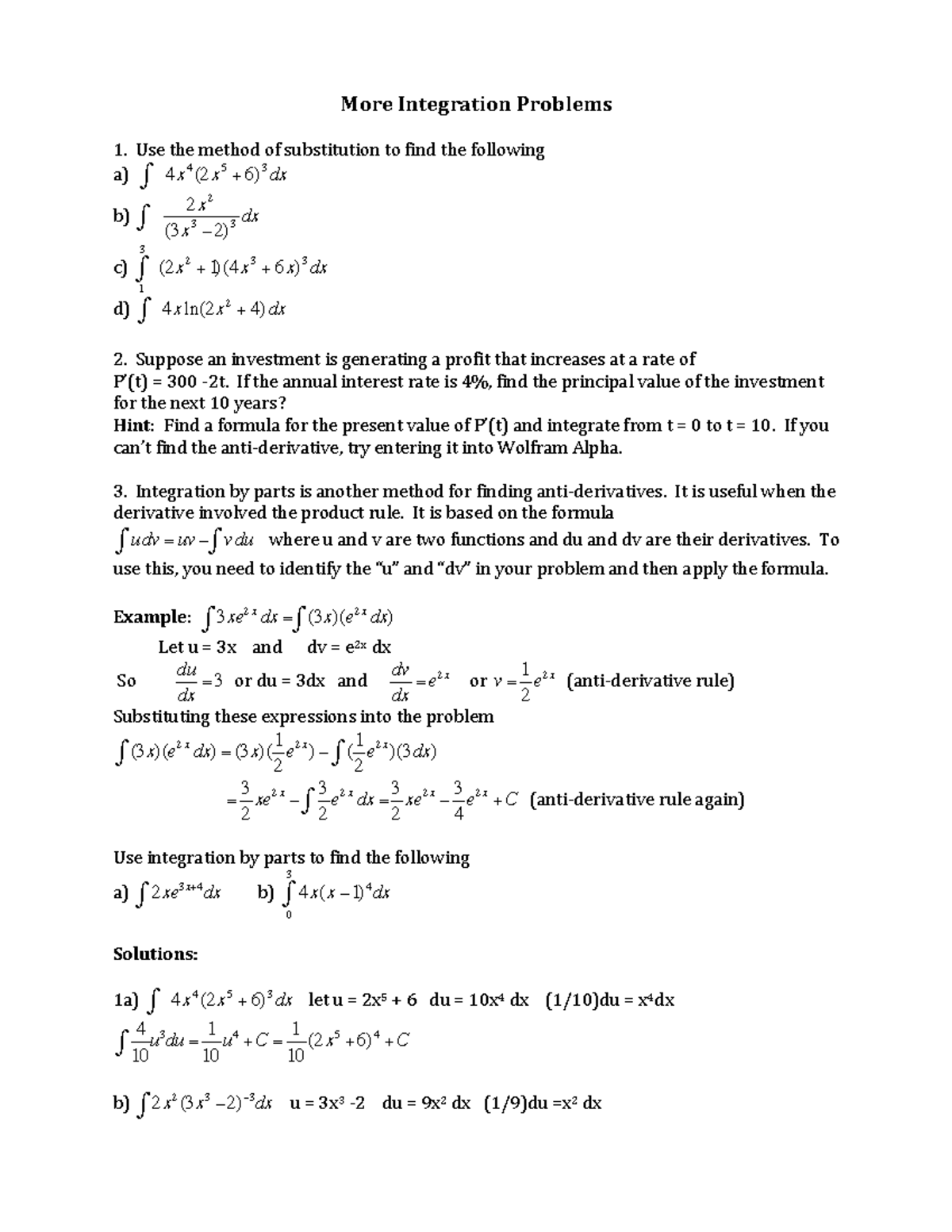 Integration notes - More Integration Problems Use the method of ...