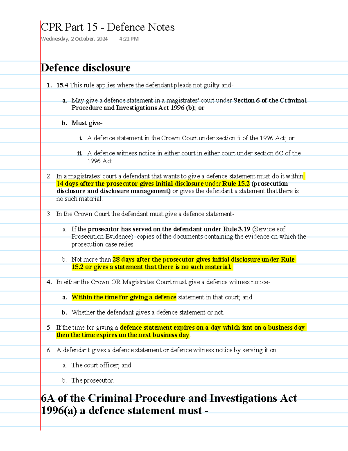 Defence Notes CPR Part 15 - Defence disclosure 15 This rule applies ...