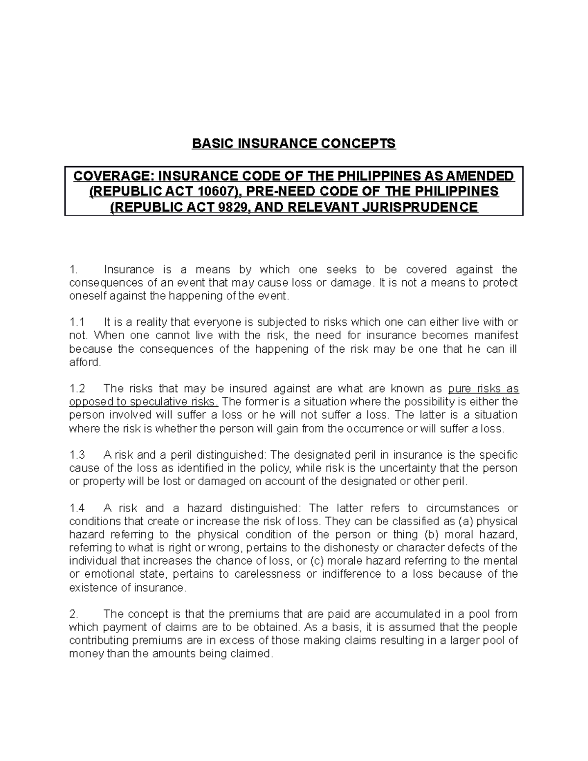 Basic Concepts in Insurance - BASIC INSURANCE CONCEPTS COVERAGE ...