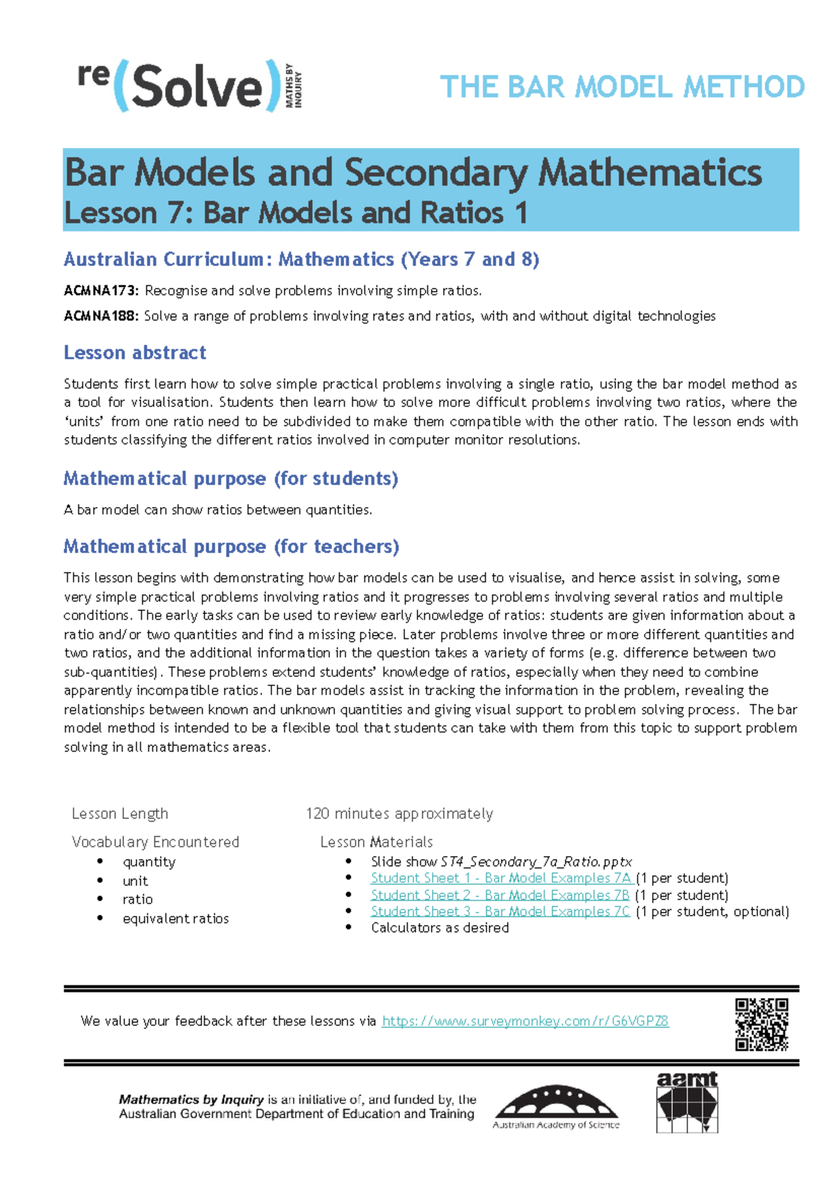 ST4 Bar Model Sec 7 Ratio 111218 - THE BAR MODEL METHOD Bar Models and ...
