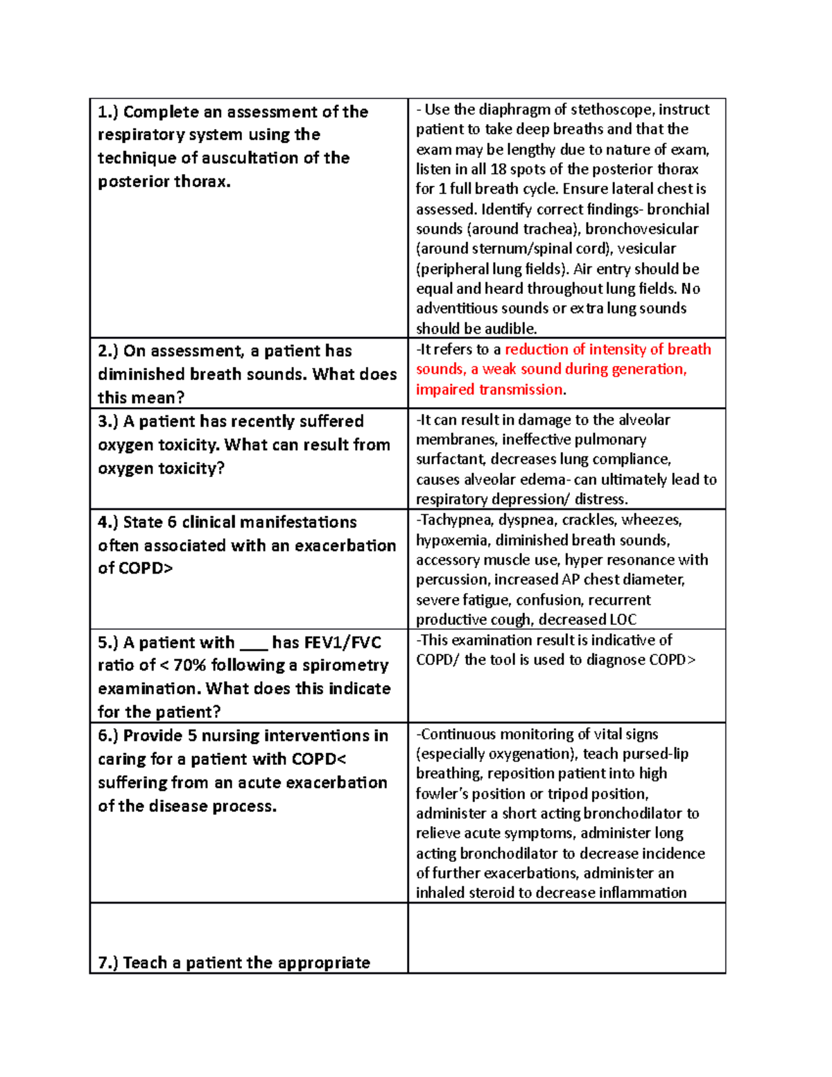 Respiratory Flash Cards - 1.) Complete an assessment of the respiratory ...