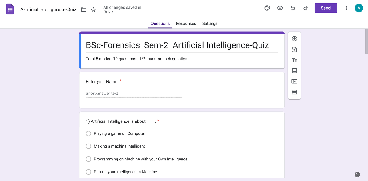 Artificial Intelligence-Quiz - 10 questions. 1/2 mark for each question ...