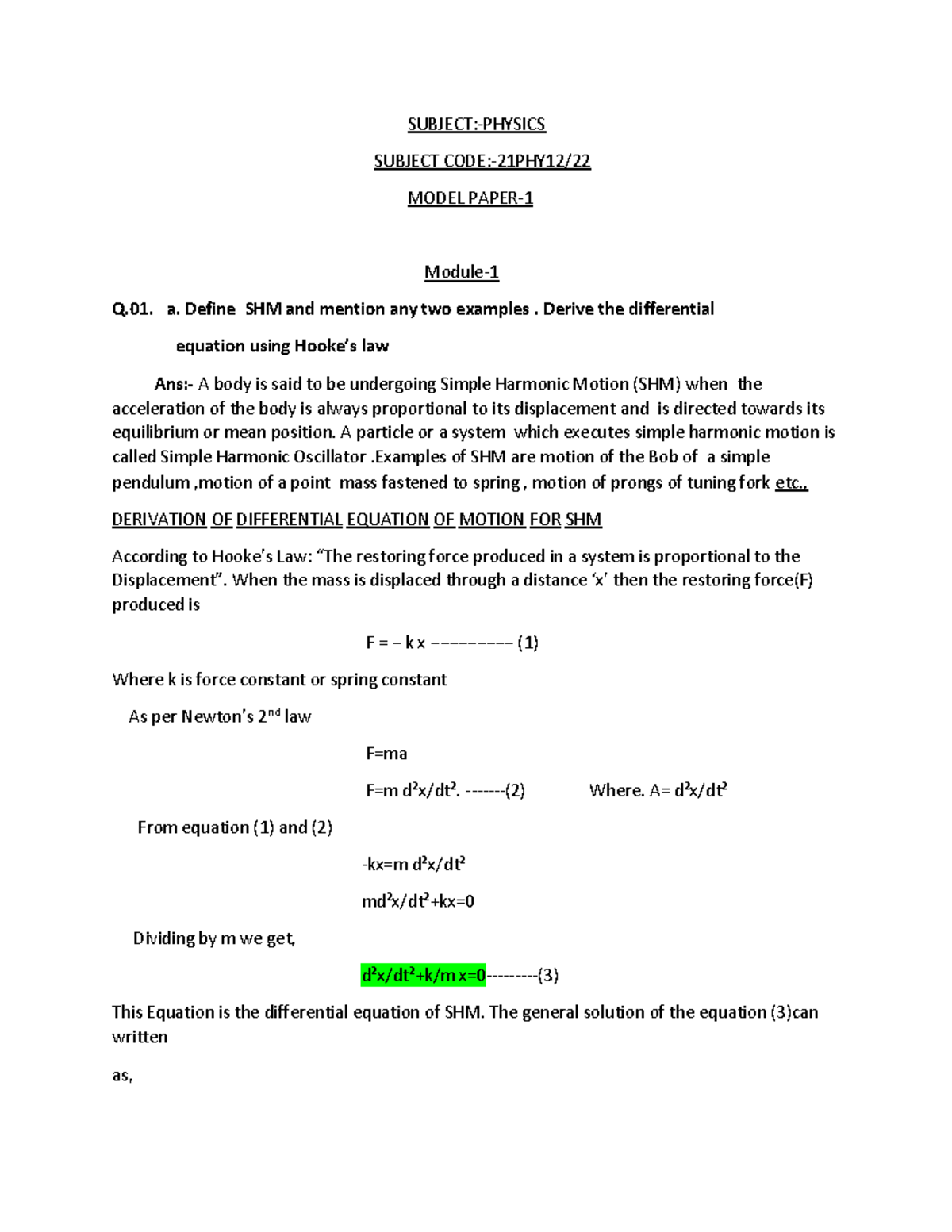 Physics set-1 sovled - SUBJECT:-PHYSICS SUBJECT CODE:-21PHY12/ MODEL ...