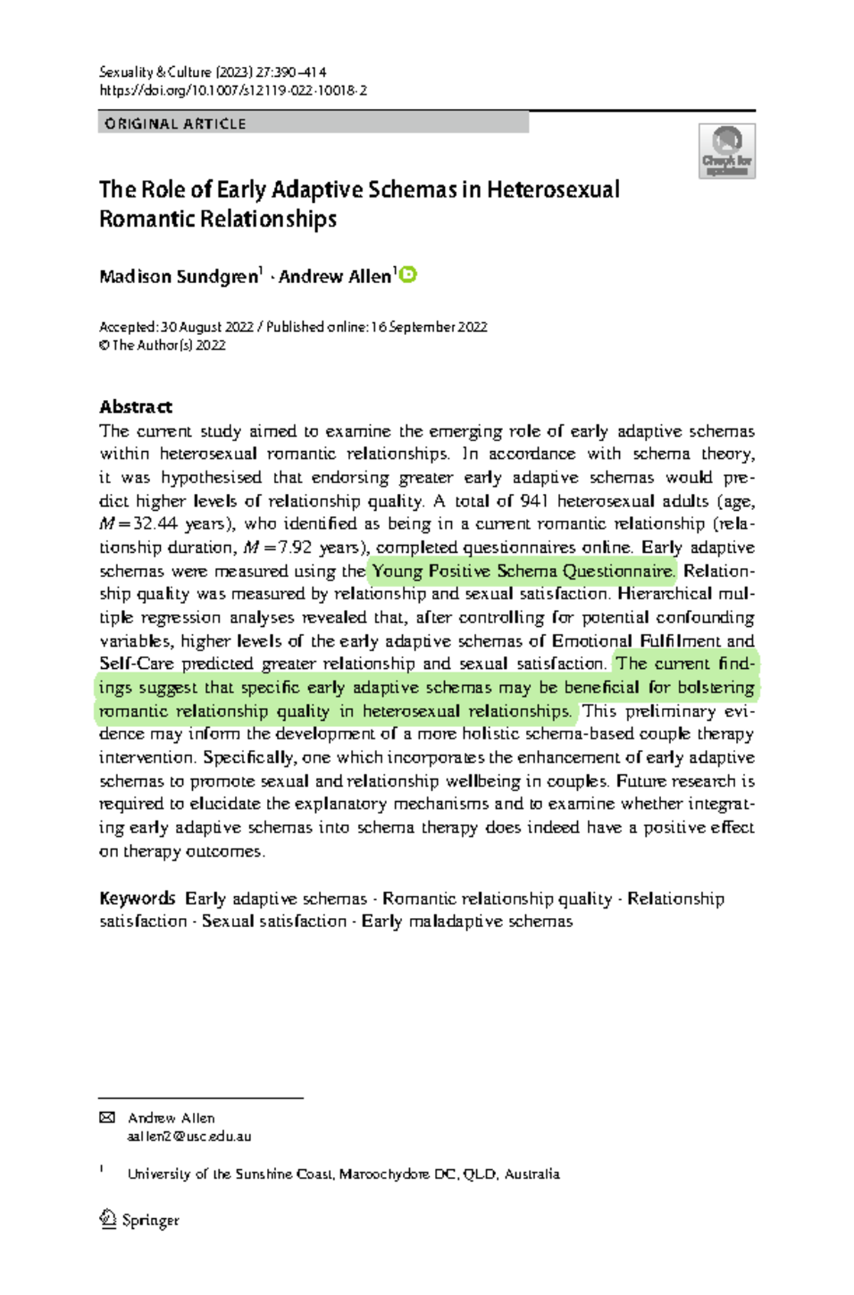 The Role of Early Adaptive Schemas in Heterosexual - Vol:.(1234567890 ...