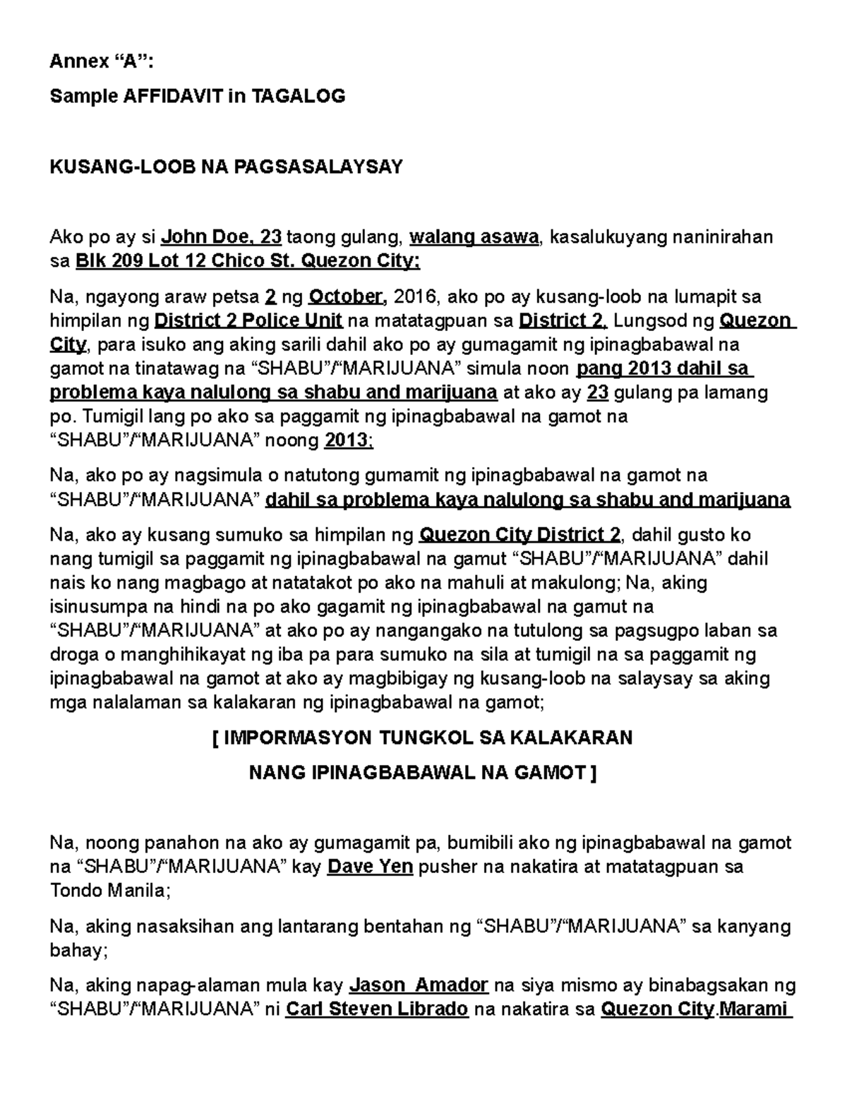 PENAL LAW ON STATE - Annex “A”: Sample AFFIDAVIT in TAGALOG KUSANG-LOOB ...