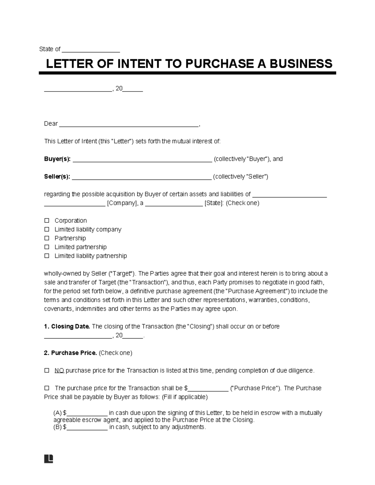 Letter of intent purchase business - State of _________________ LETTER ...