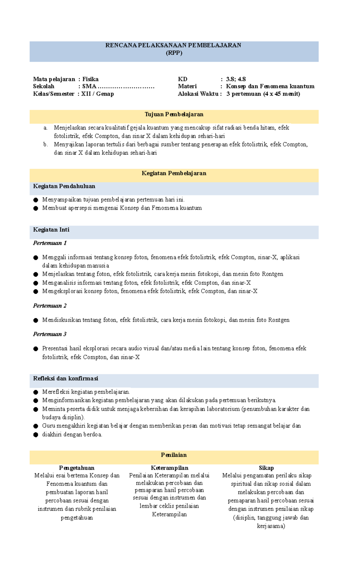 8. RPP Konsep dan Fenomena kuantum - RENCANA PELAKSANAAN PEMBELAJARAN ...