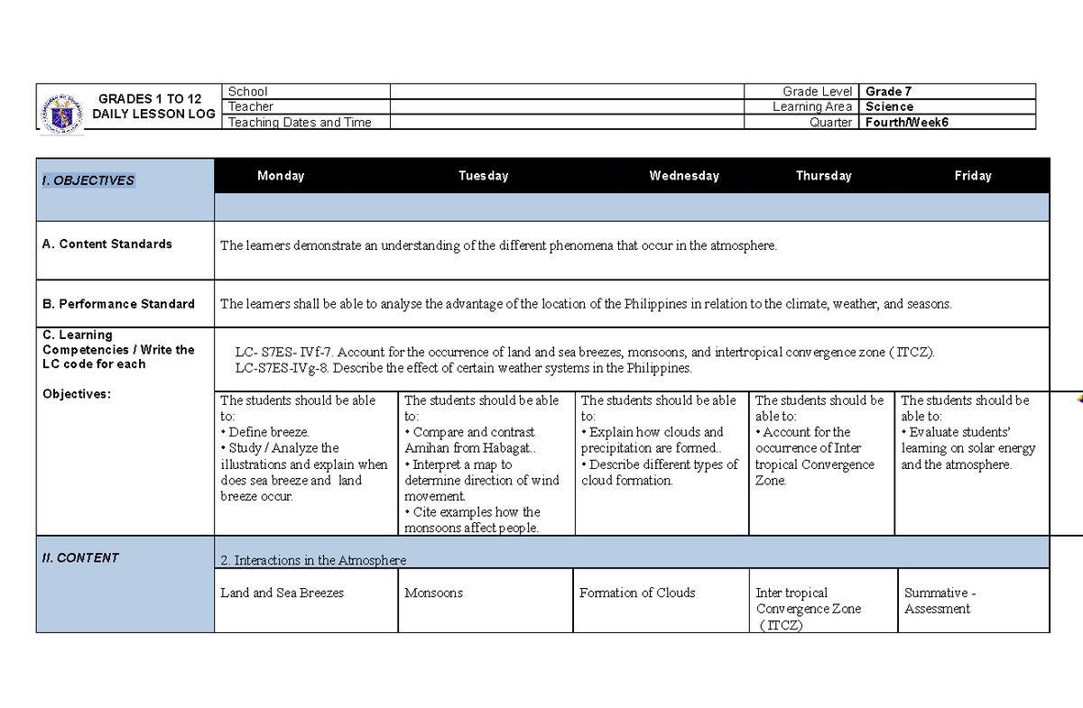 DLL Science Grade 7 Quarter 4 Week6 (Palawan Division) - GRADES 1 TO 12 ...