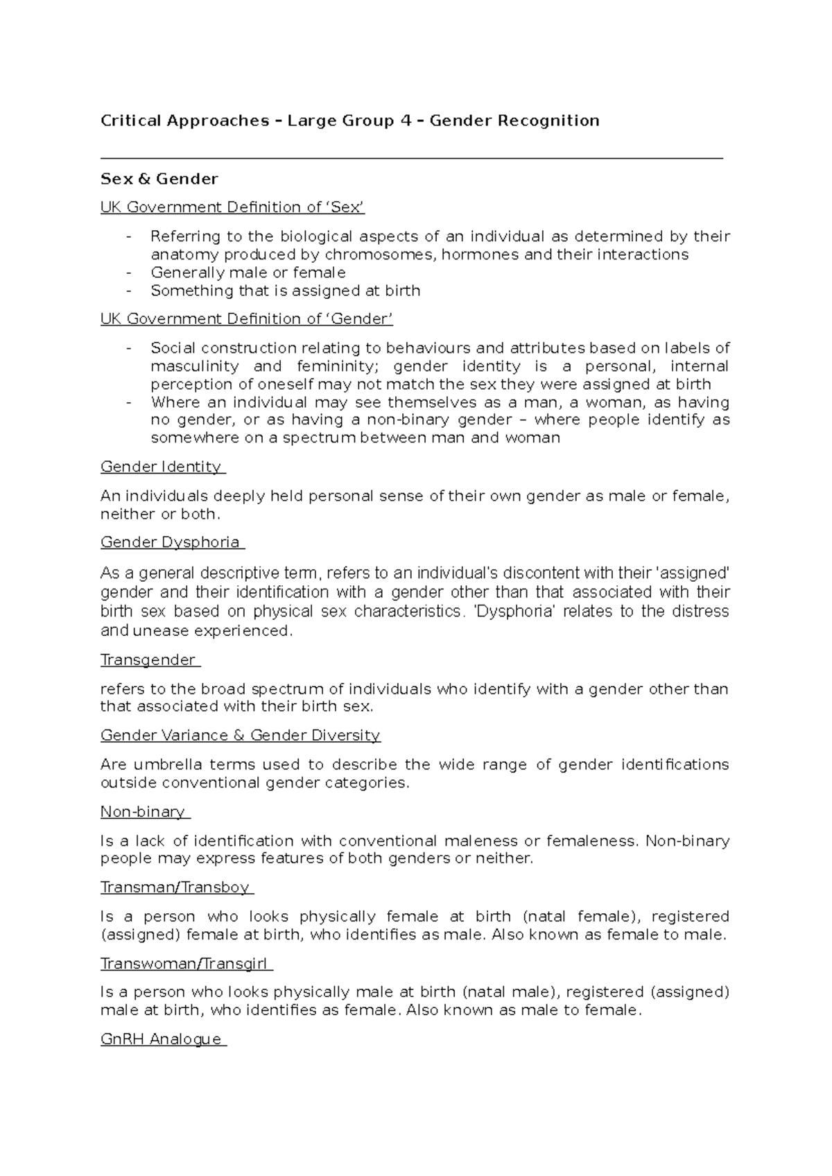 Large Group 4 - Notes - Critical Approaches – Large Group 4 – Gender ...
