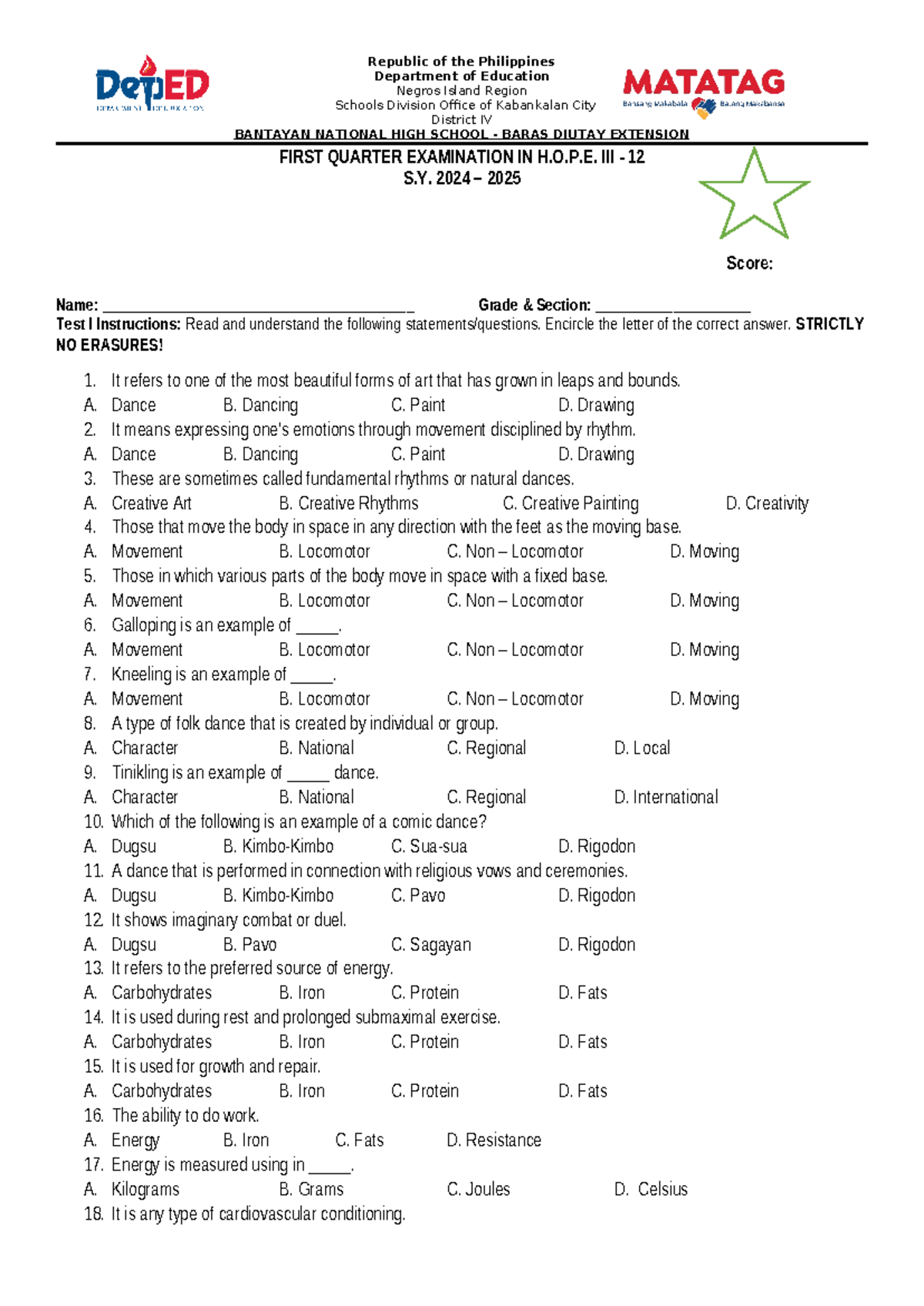 1st Quarter Exam in HOPE - Republic of the Philippines Department of ...