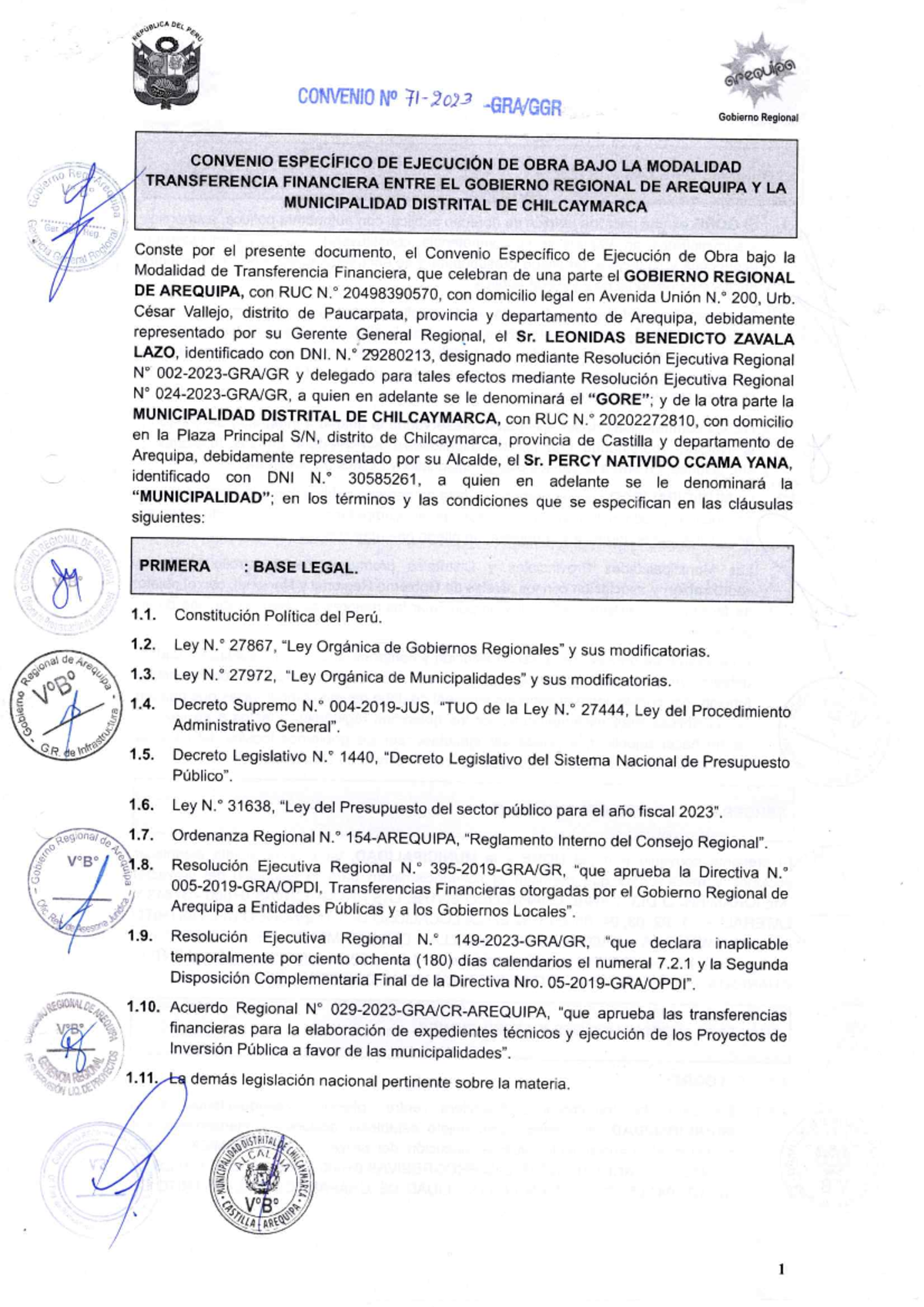 Convenio 071-2023 - OTRO - REPUBLICA DEL PERU grequion CONVENIO No Gobierno Regional CONVENIO ...