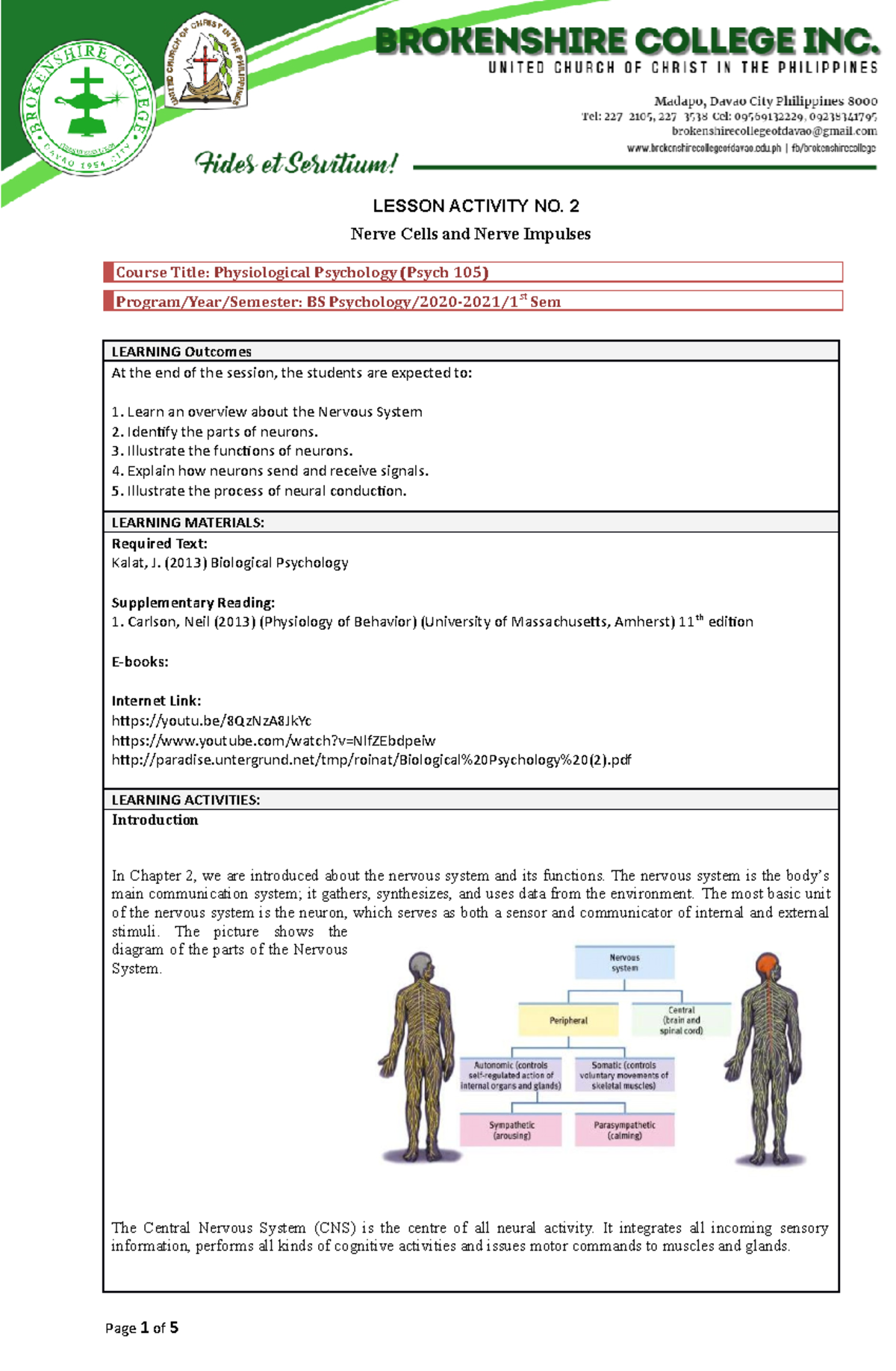 Physio Psych Learning Plan 1 - LESSON ACTIVITY NO. 2 Nerve Cells and Nerve Impulses Course Title ...
