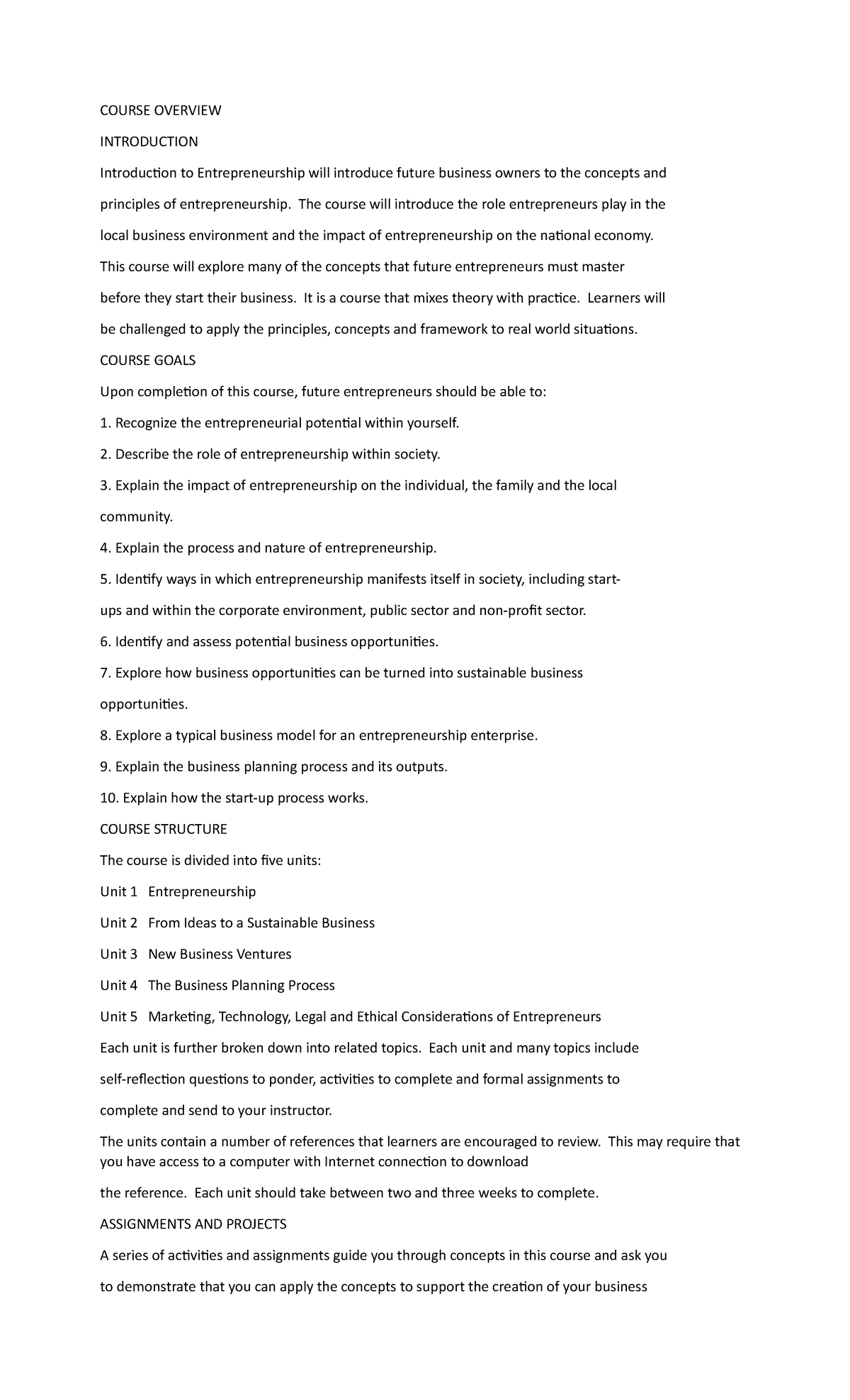 Course Overview for Entrep Students - COURSE OVERVIEW INTRODUCTION ...