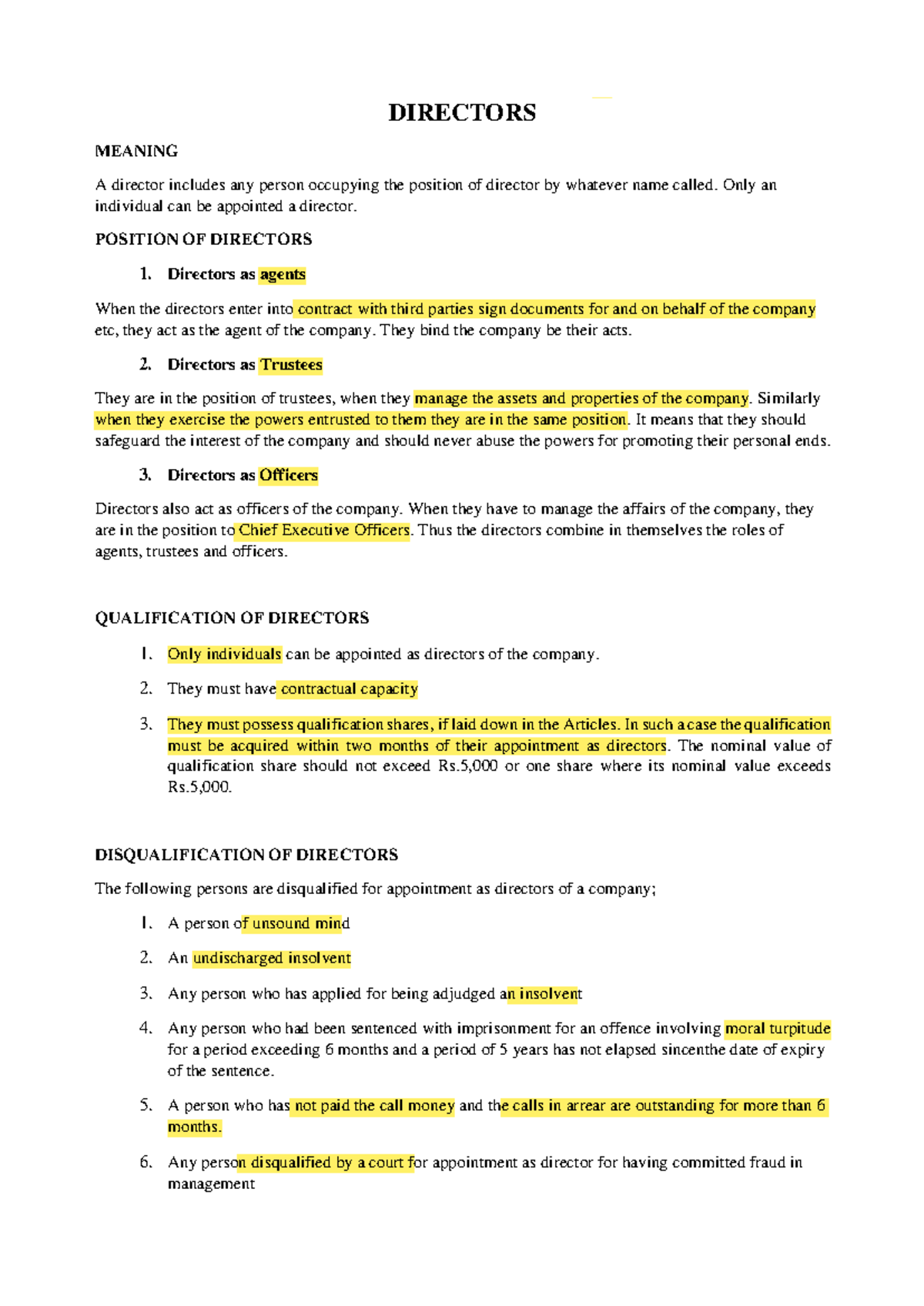 Directors - Corporate Law notes - DIRECTORS MEANING A director includes ...