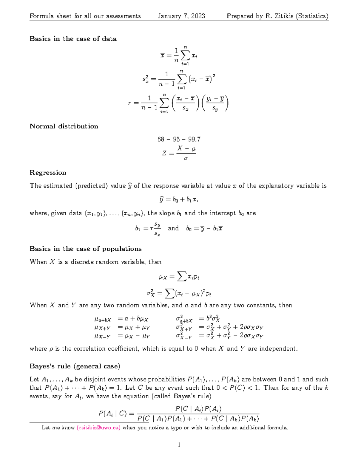Formulas for Use on Assessments - Basics in the case of data x = 1 n ∑ ...