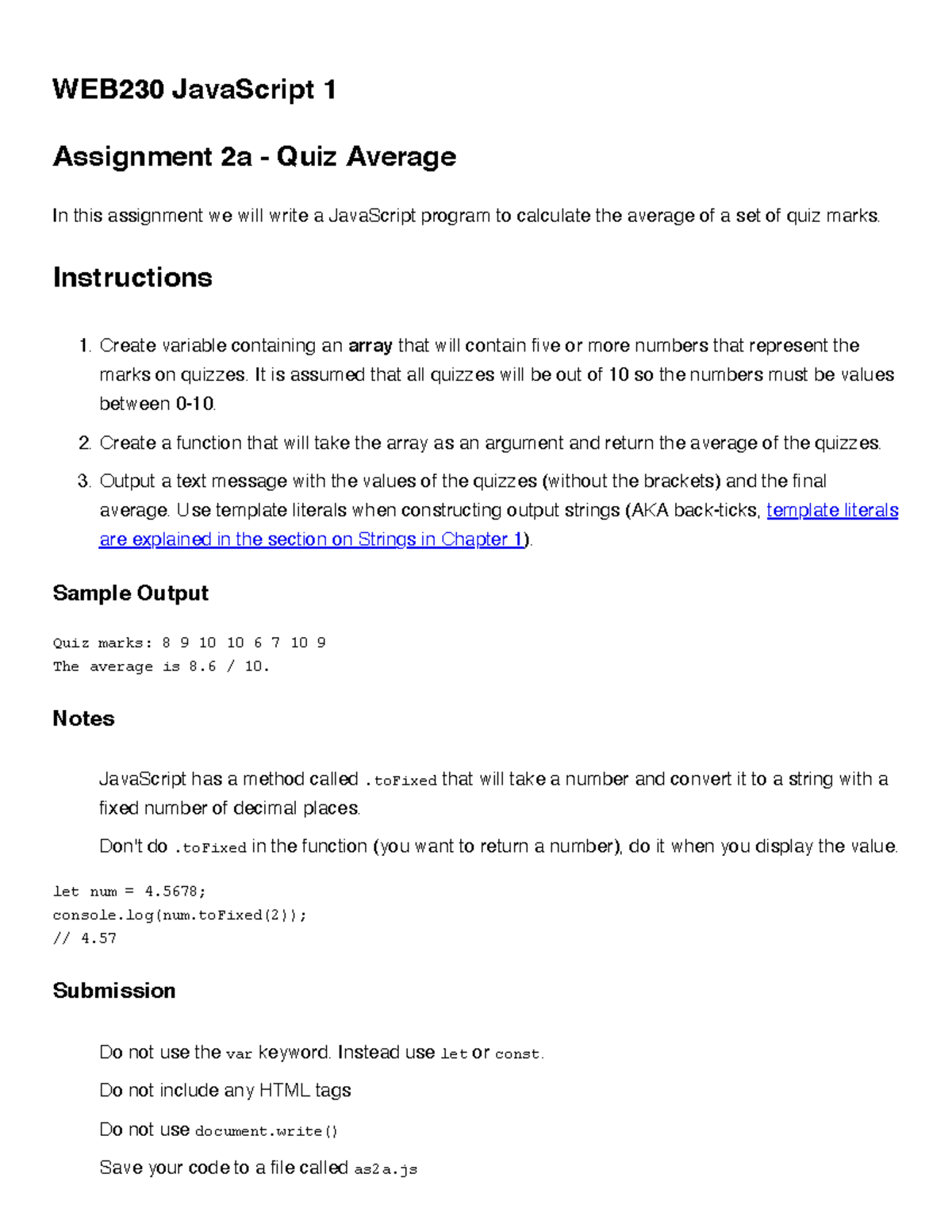 Assignment 2a Quiz Average Web230 Javascript 1 Assignment 2a Quiz Average In This