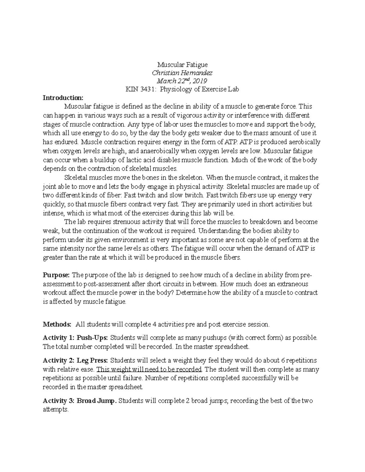 KIN 3431 Muscular Fatigue Lab - Muscular Fatigue Christian Hernandez ...